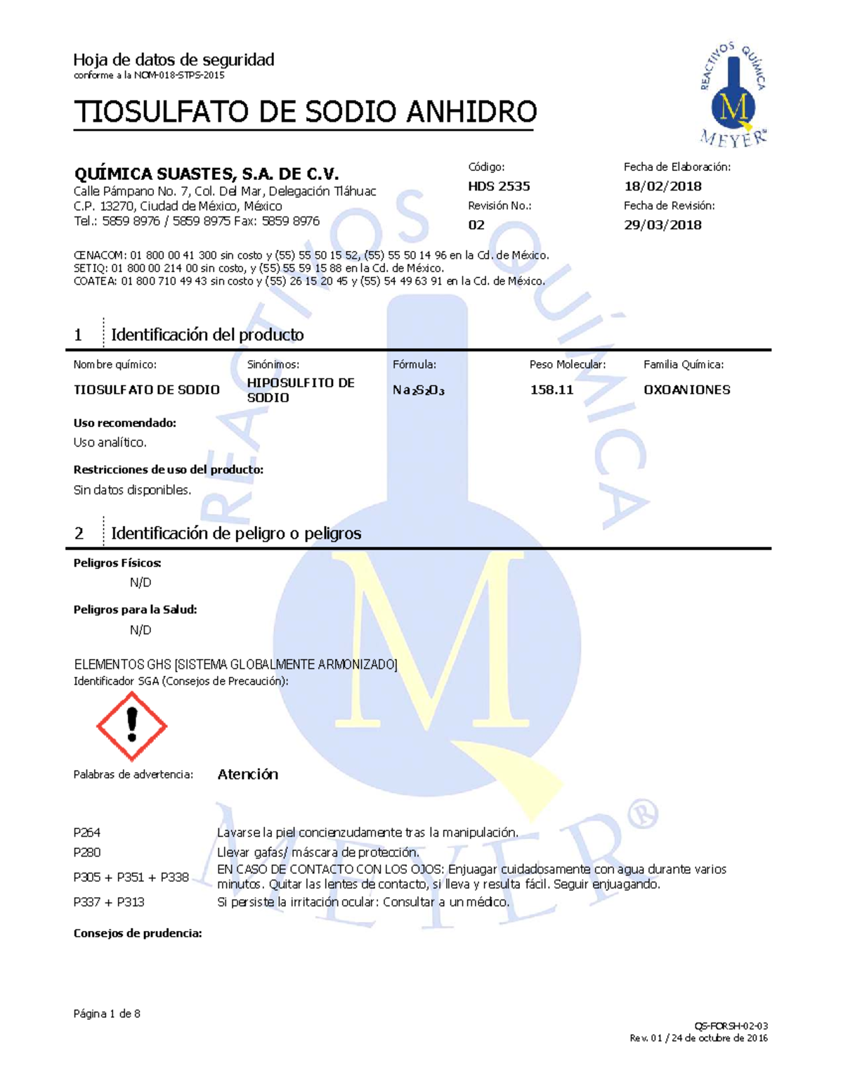HDS 2535 - Hoja de Datos de Seguridad del Tiosulfato de Sodio Anhidro ...