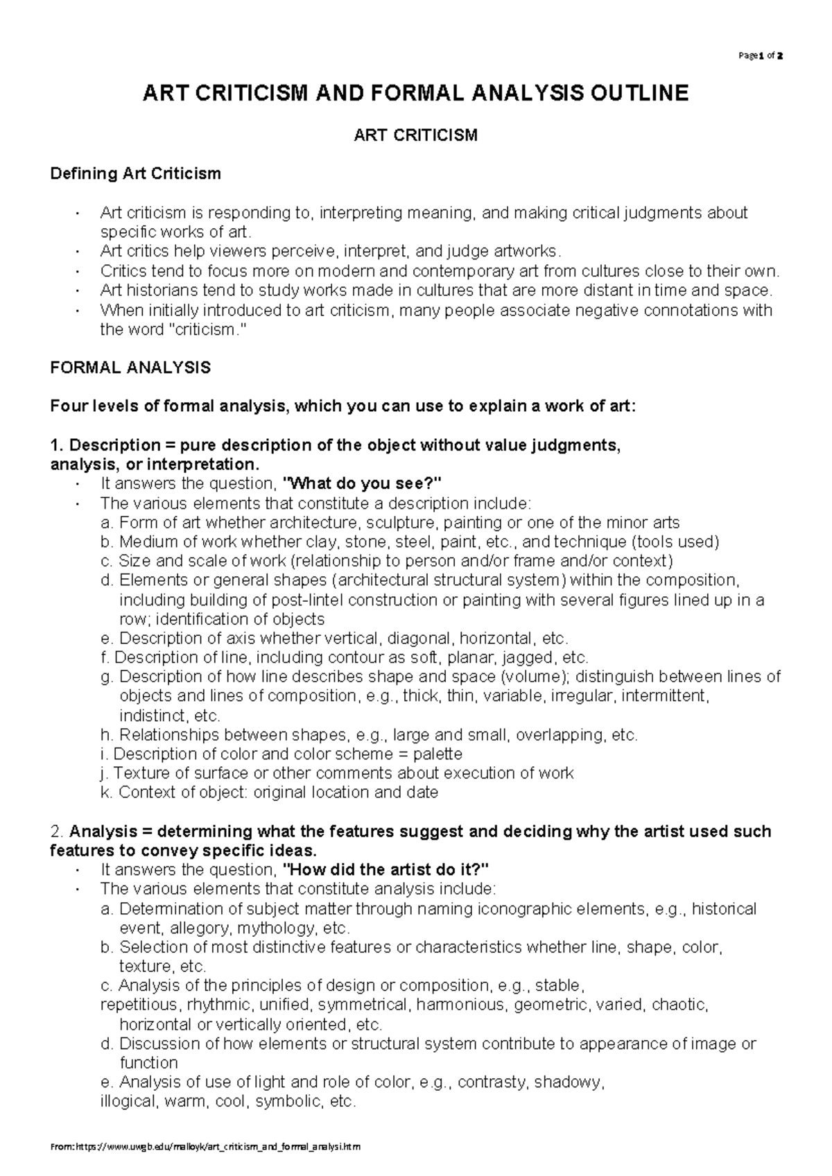 ART 101: Art Criticism & Formal Analysis Outline and Key Concepts - Studocu
