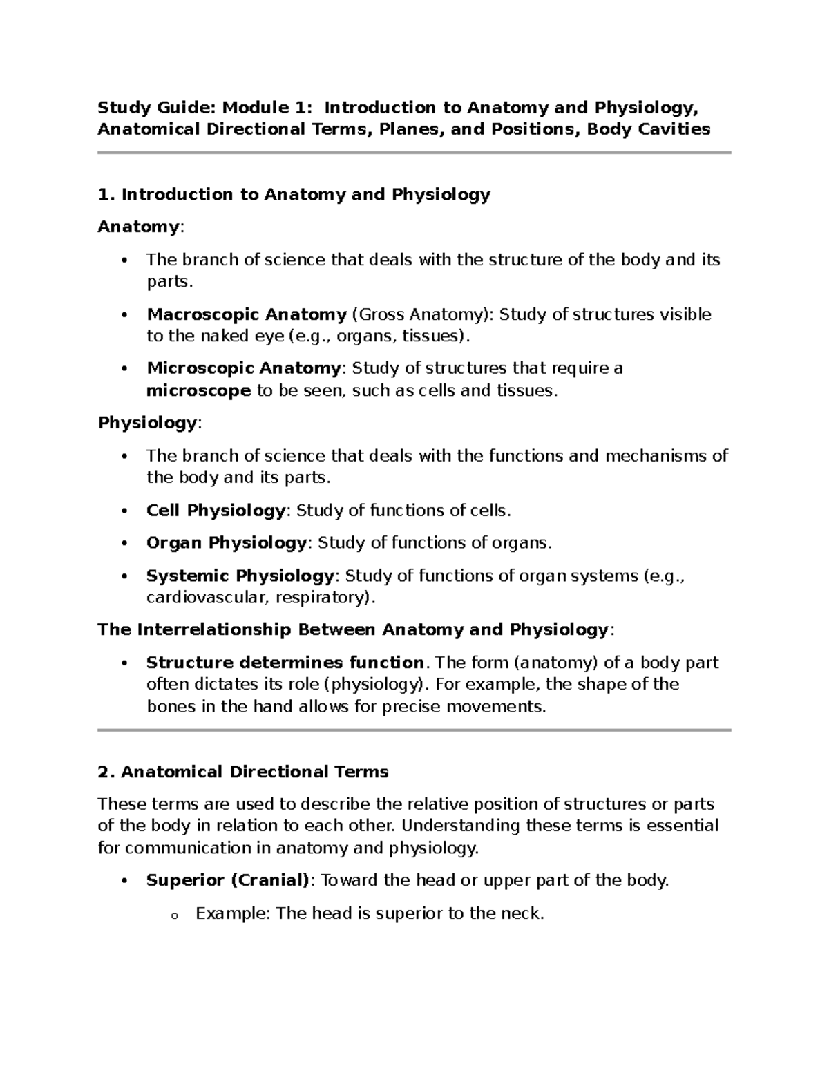 Anatomy and Physiology Study Guide: Intro, Terms, and Cavities - Studocu