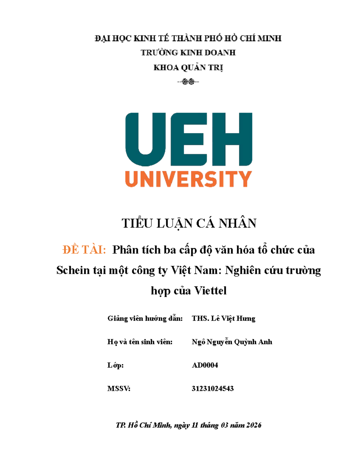 TIỂU LUẬN CÁ NHÂN: Phân Tích Văn Hóa Tổ Chức Schein Tại Viettel (MSSV ...