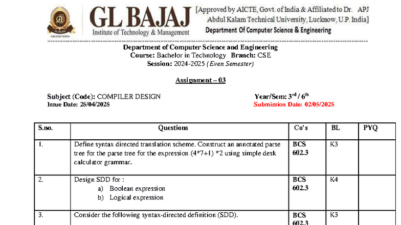 CD Assignment 03: Compiler Design Questions and Solutions - Studocu