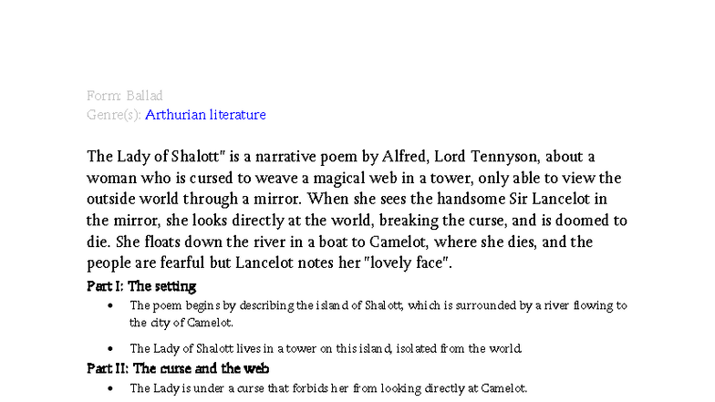 The Lady of Shalott: An Analysis of Tennyson's Poem - Studocu