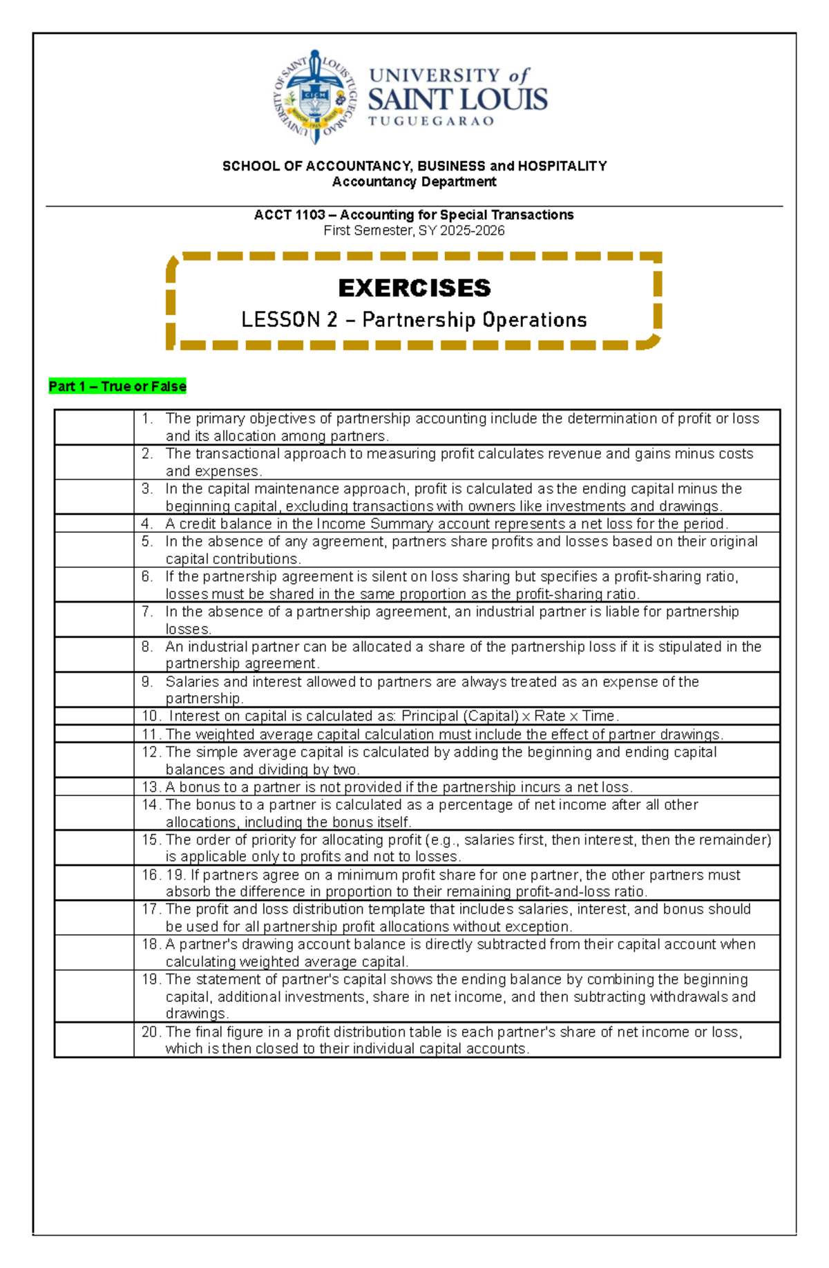 ACCT 1103 Exercises on Partnership Operations: True/False & Applications - Studocu