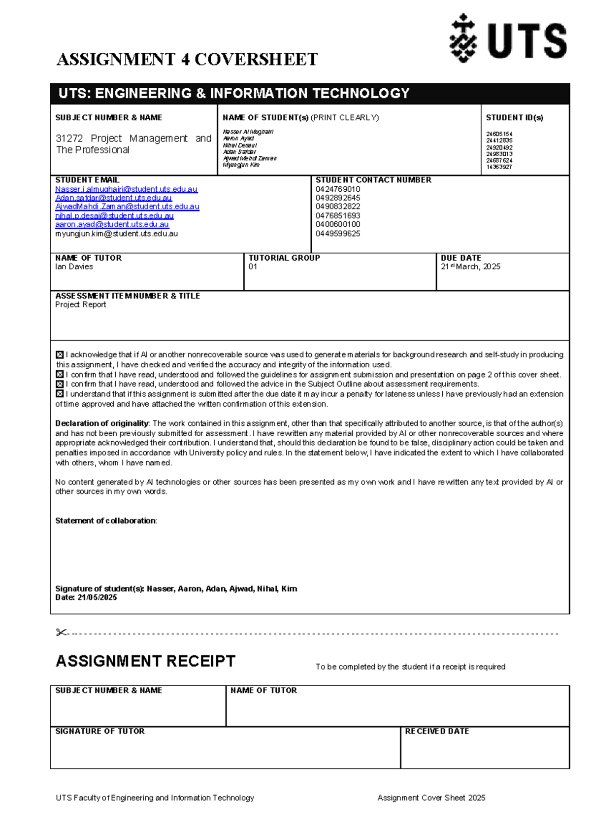UTS: 31272 Project Management Assignment 4 Coversheet - Autumn 2025 ...