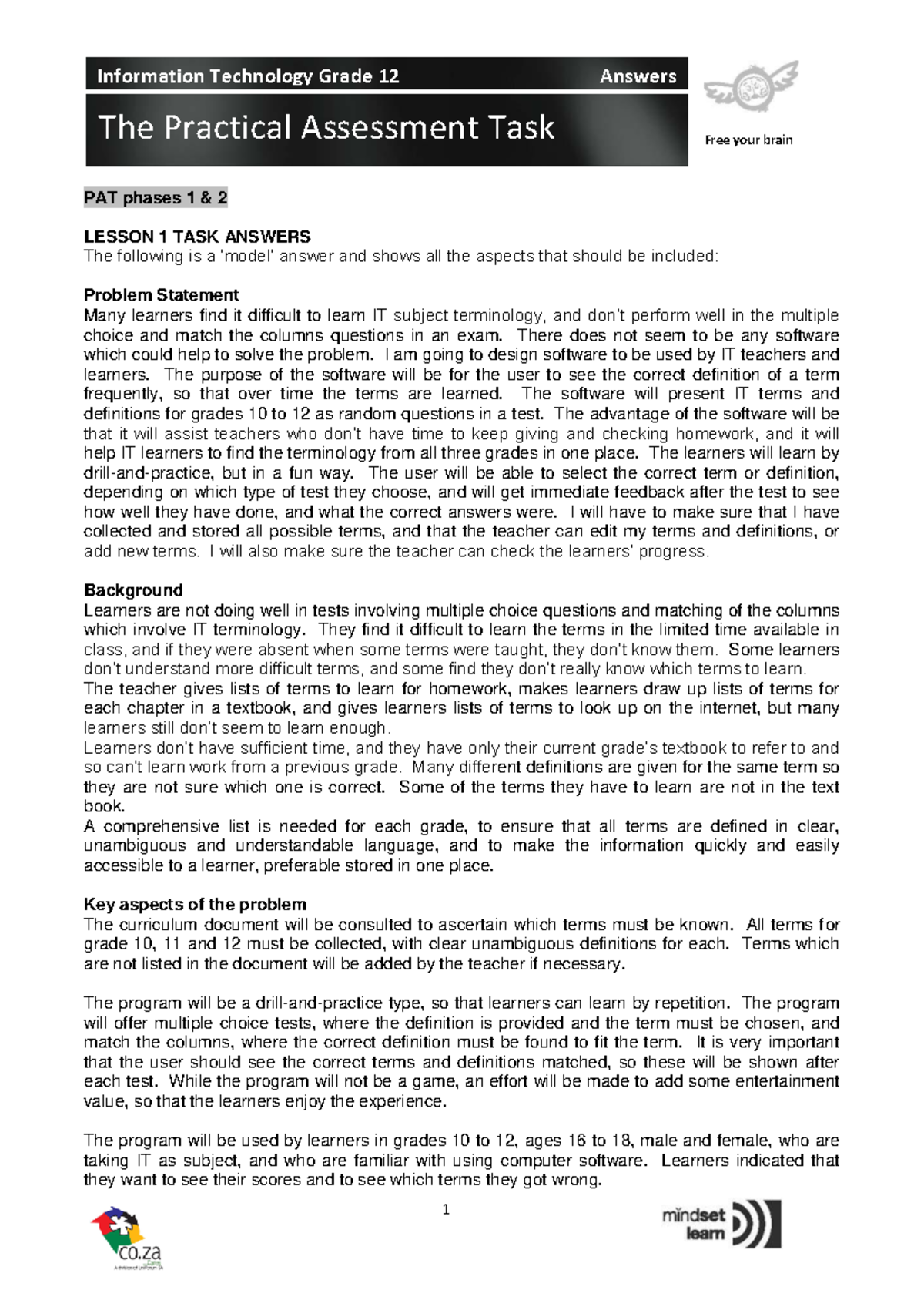 Practical Assessment Task (PAT) Model Answers and Key Concepts - Studocu