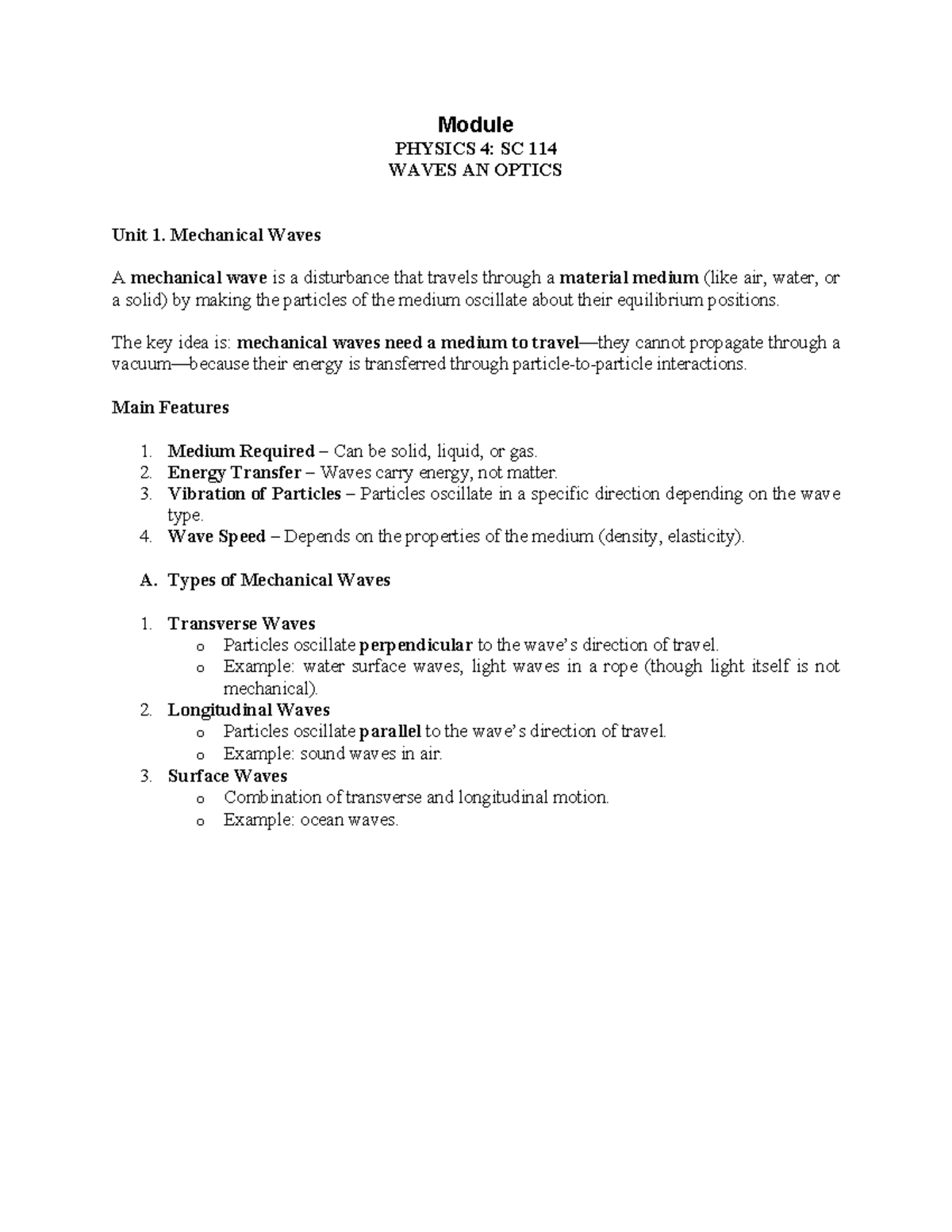 Module PHYSICS 4: SC 114 Waves and Optics - Mechanical Waves Overview ...