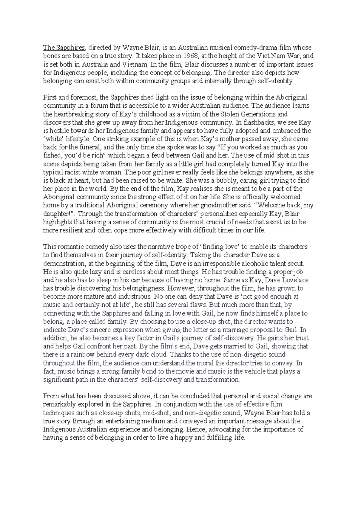 The Sapphires (Film Analysis): Exploring Belonging and Identity - Studocu