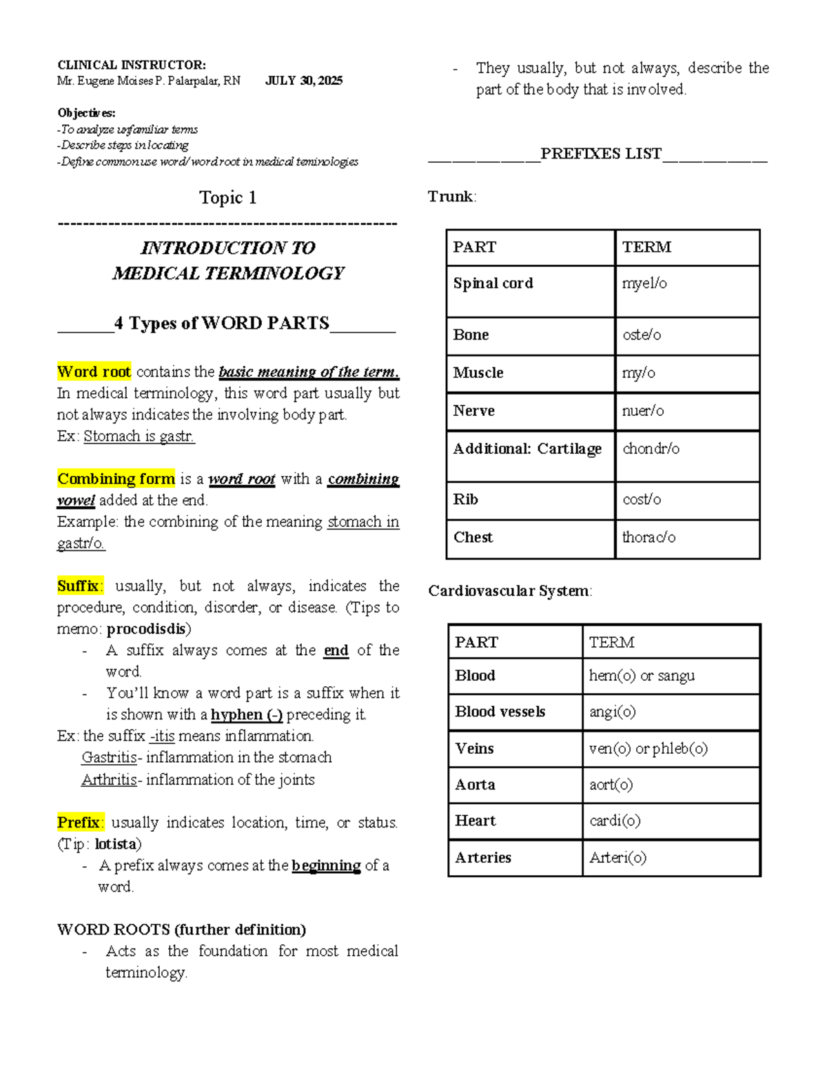 Anatomy & Physiology 2: Medical Terminology Overview and Word Roots ...