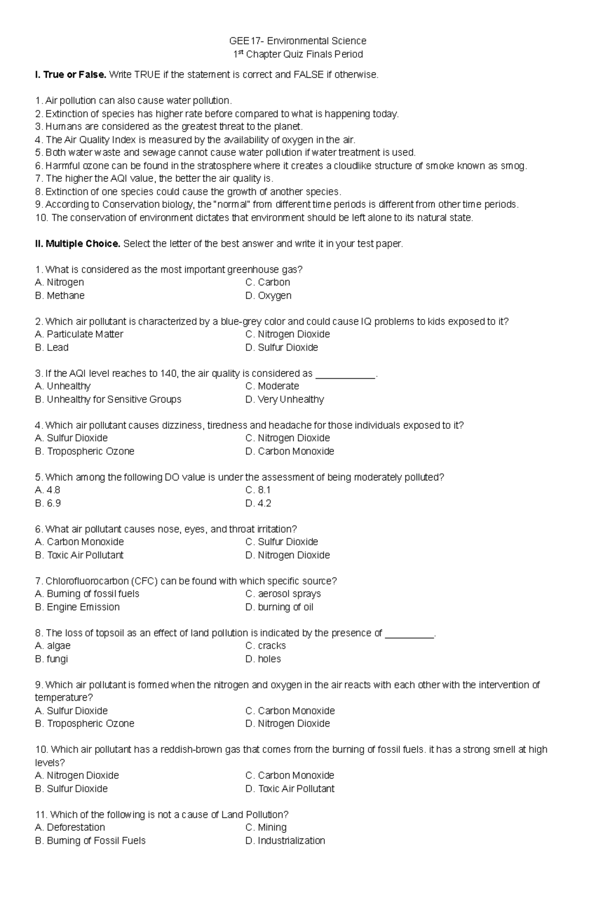 GEE17 - Environmental Science Chapter Quiz for Finals Period - Studocu