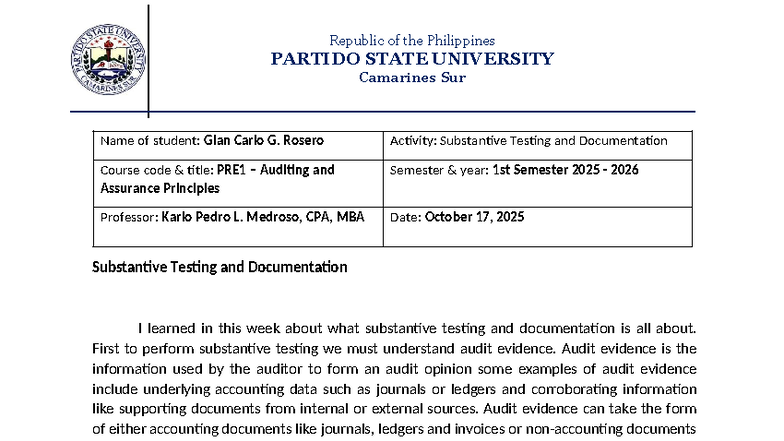 Substantive Testing & Documentation - PRE1 Auditing Principles - Studocu