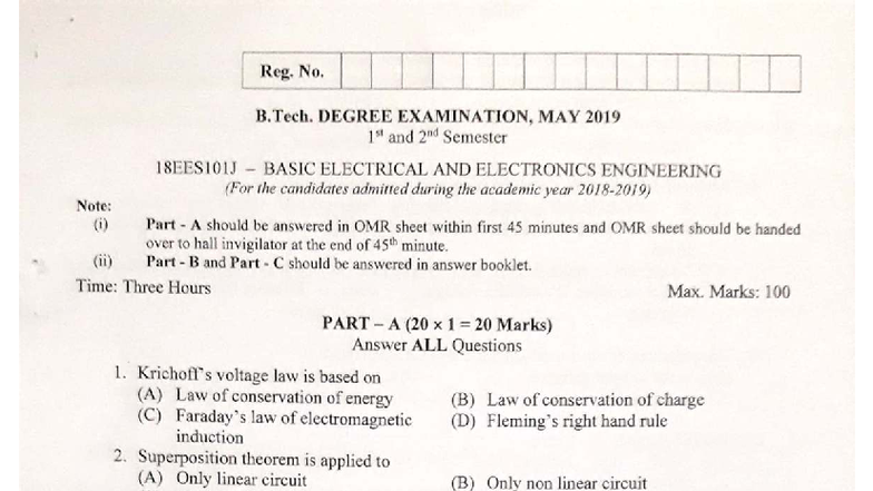 21EES101T Basic Electrical and Electronics Engineering - Previous Year ...