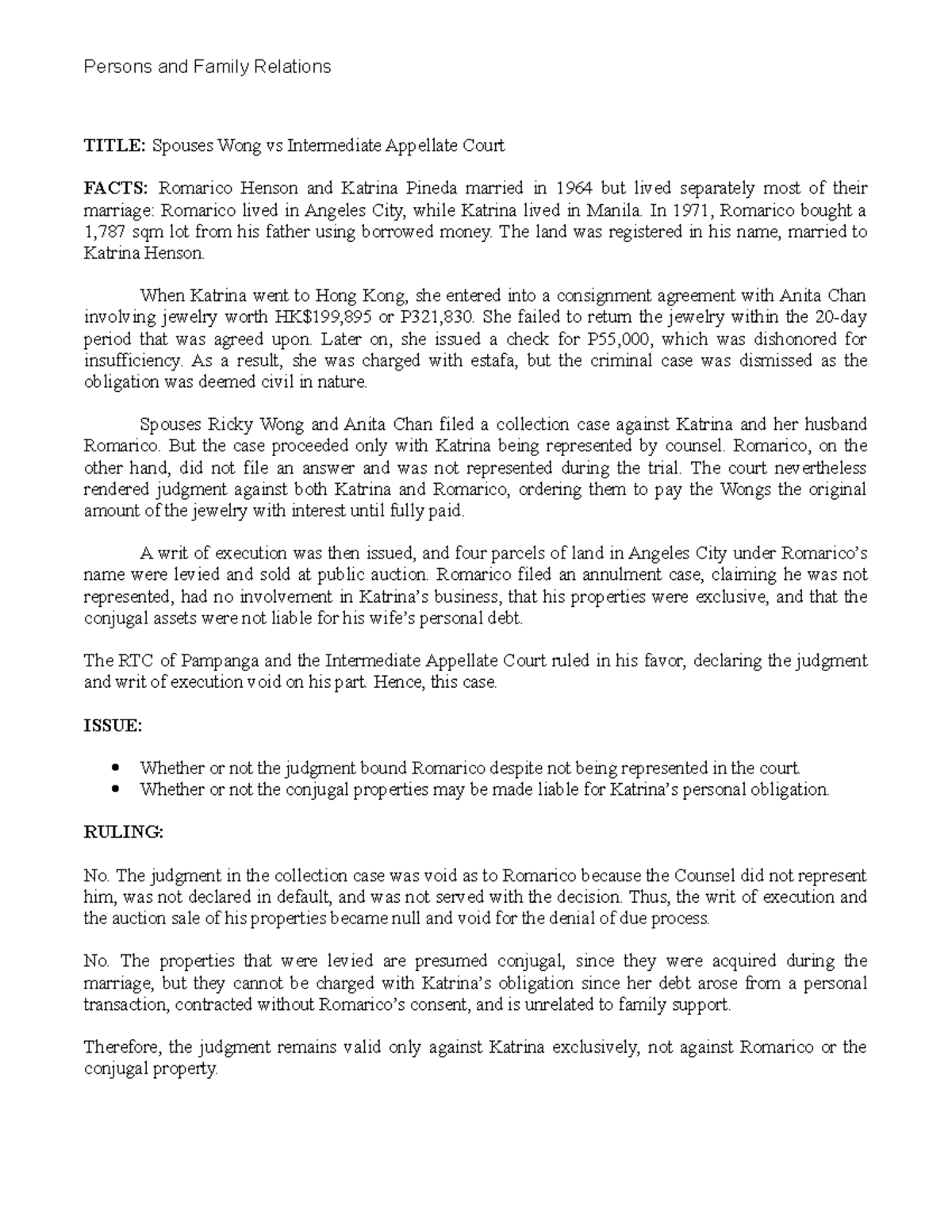 Digest: Spouses Wong vs IAC - Case Summary and Ruling Analysis - Studocu