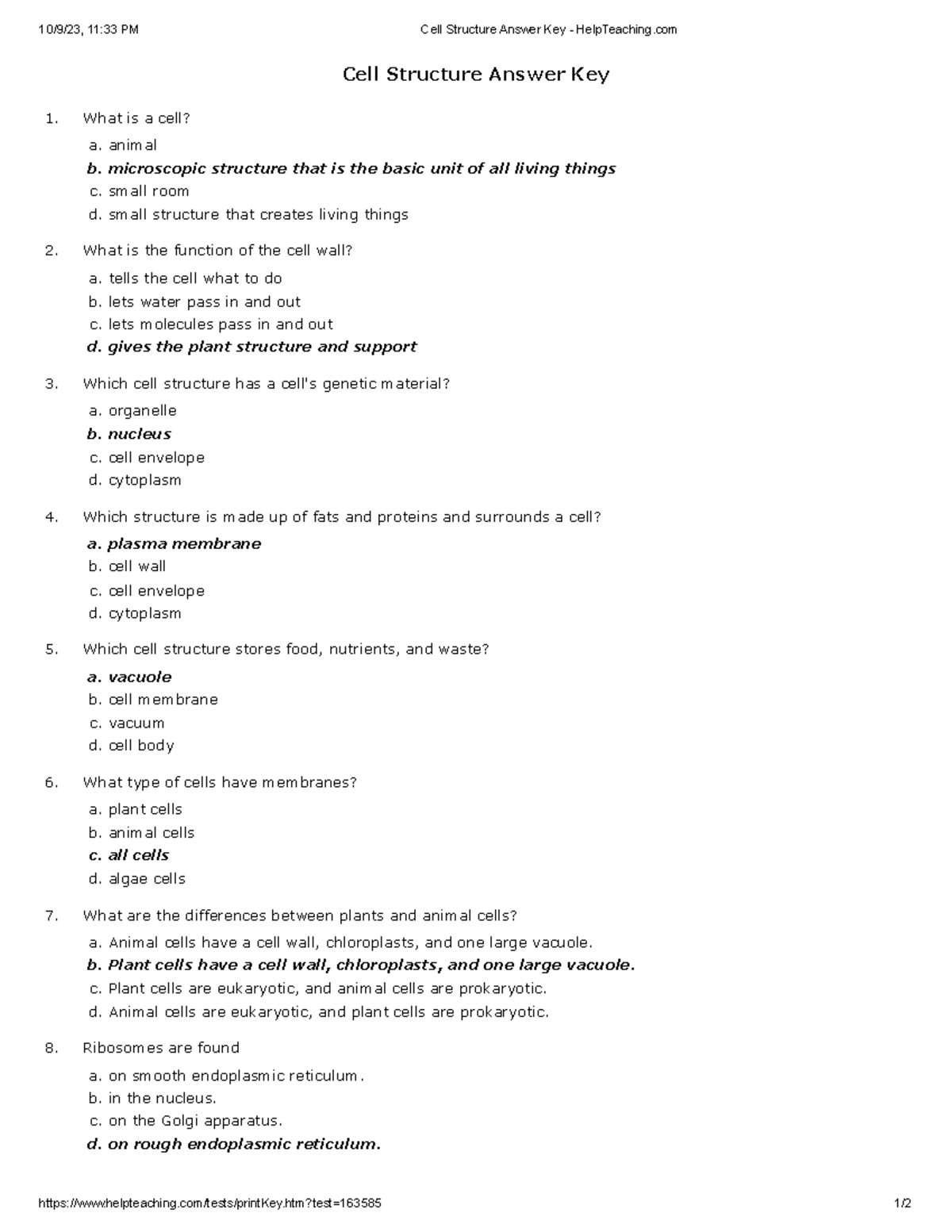 Cell Structure Answer Key - Help Teaching - 10/9/23, 11:33 PM Cell ...