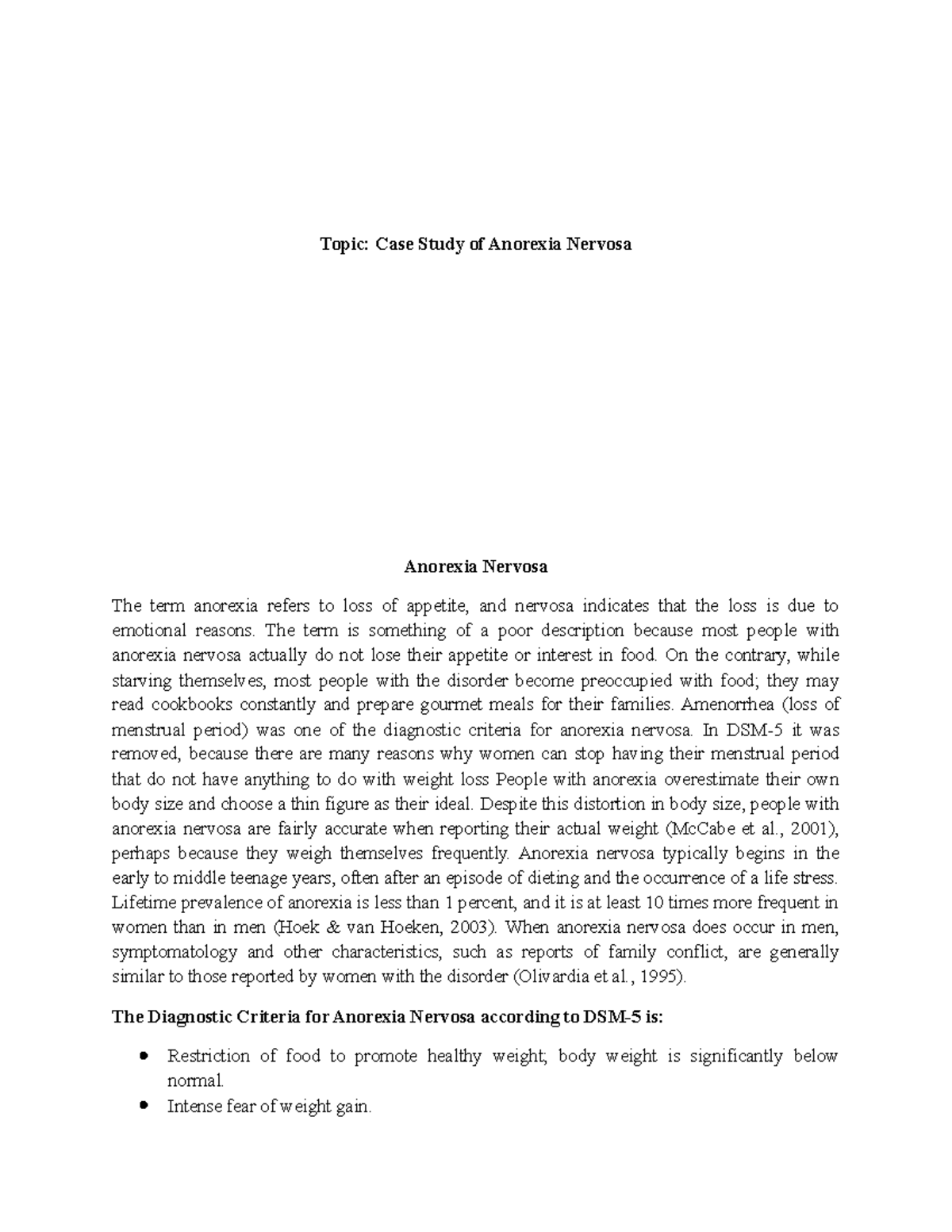 Case Study on Anorexia Nervosa: Insights & Treatment Approaches - Studocu
