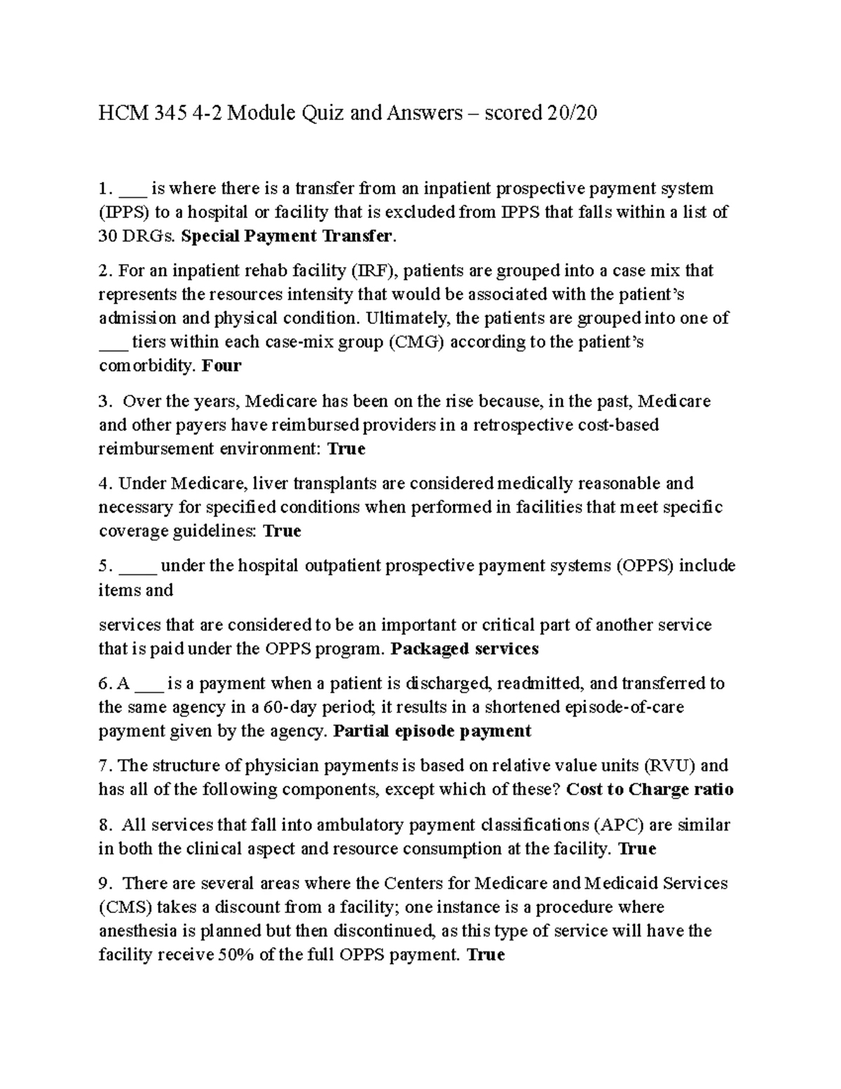 2-2 Quiz HCM-345 Chapters 2 and 9 Healthcare Reimbursement - 2-2 Module ...