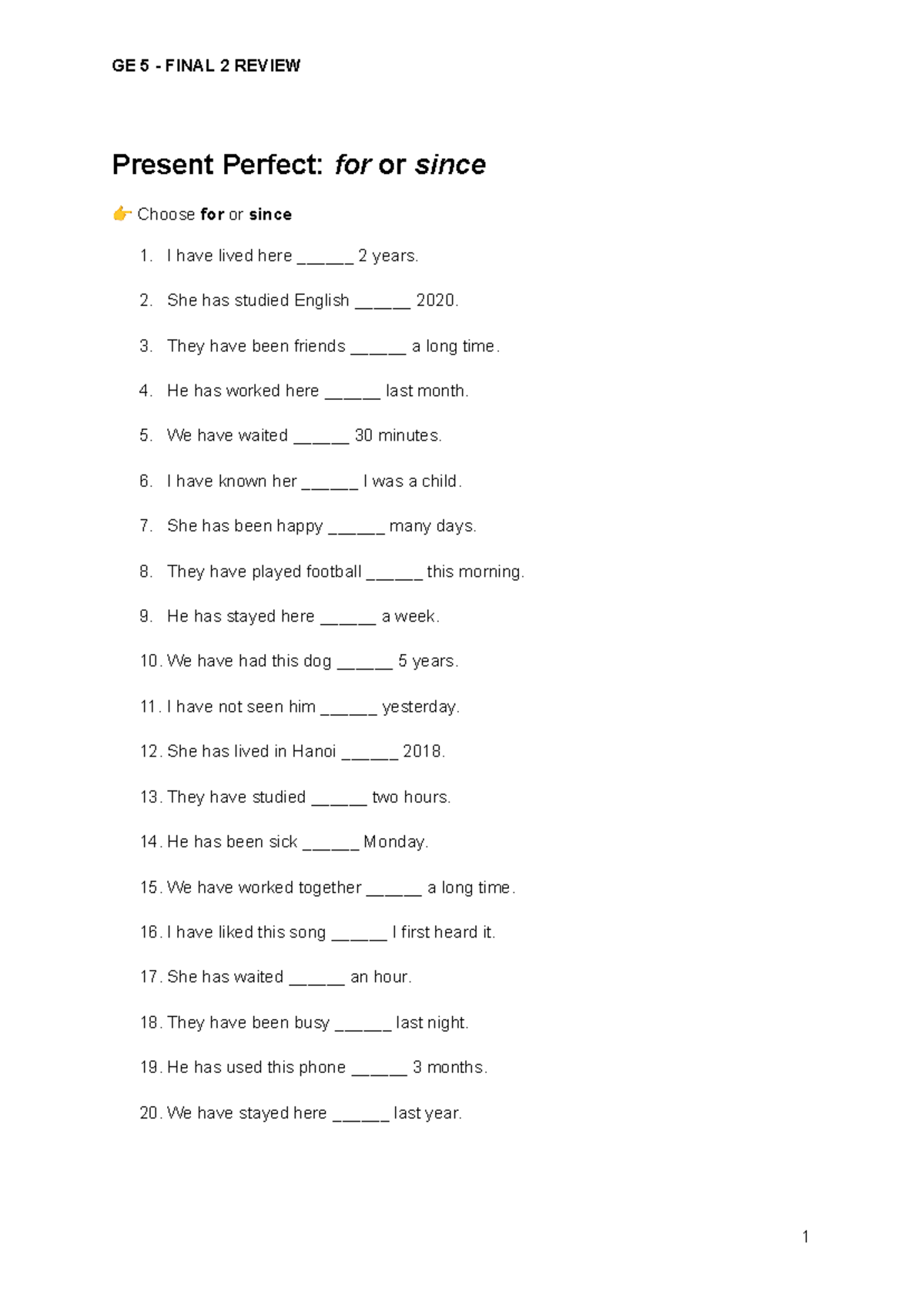 GE 5 FINAL 2 REVIEW: Present Perfect Quiz & Exercises - Studocu
