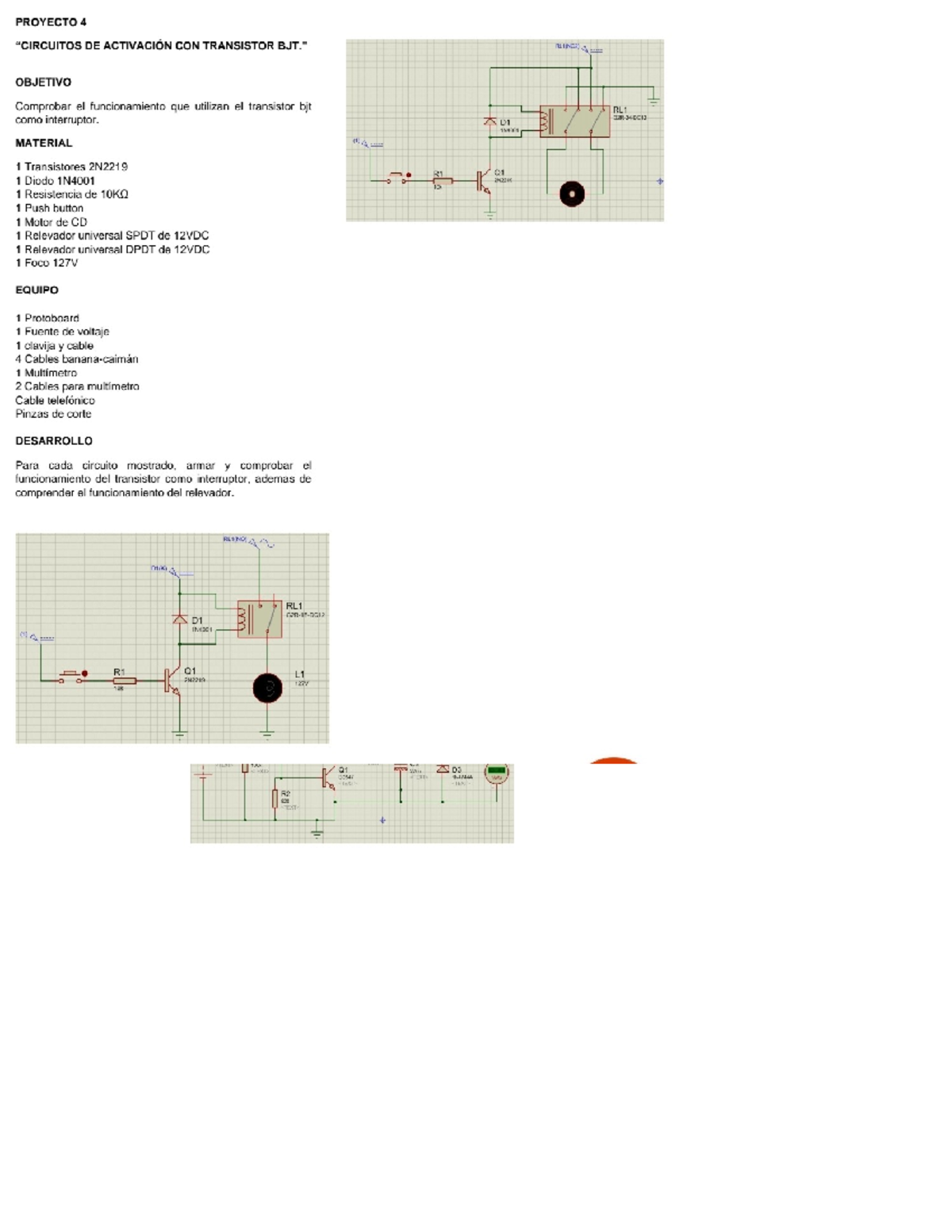 Proyecto 4: Activación de Transistor RL1 como Interruptor - Studocu