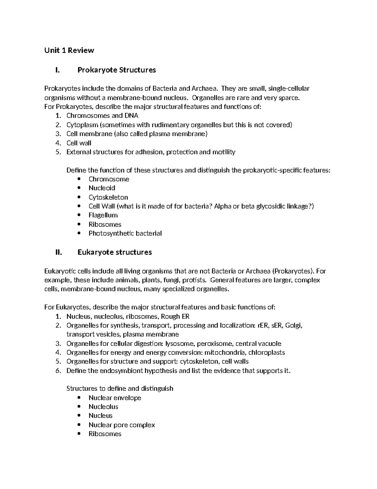 Unit 1 Review Cell Parts and Chemistry - Unit 1 Review I. Prokaryote ...