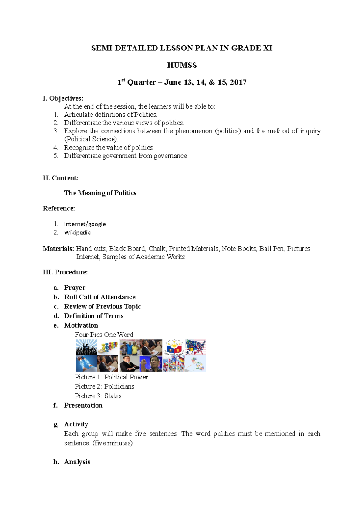 Semi-Detailed Lesson Plan: POL 1 – Understanding Politics in Grade XI ...