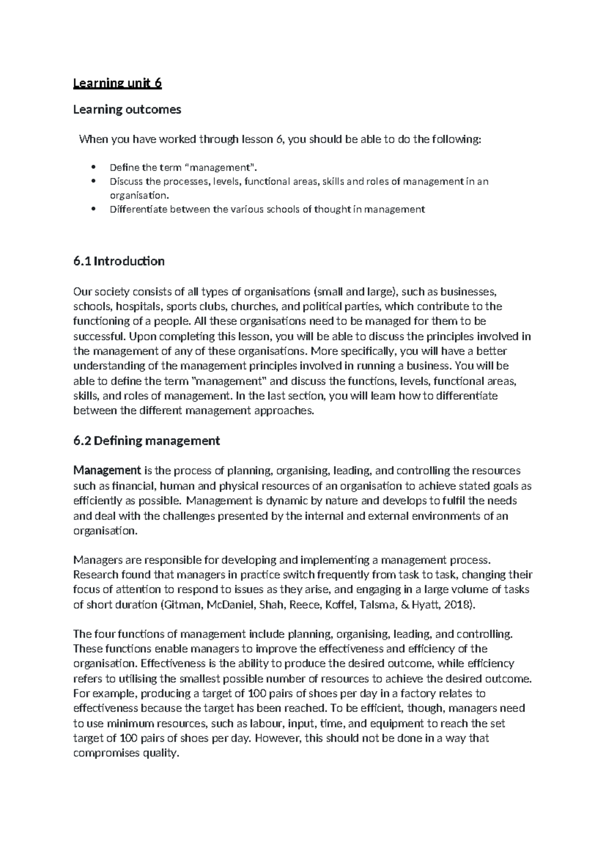 Learning Unit 6: Management Principles and Functions Overview - Studocu