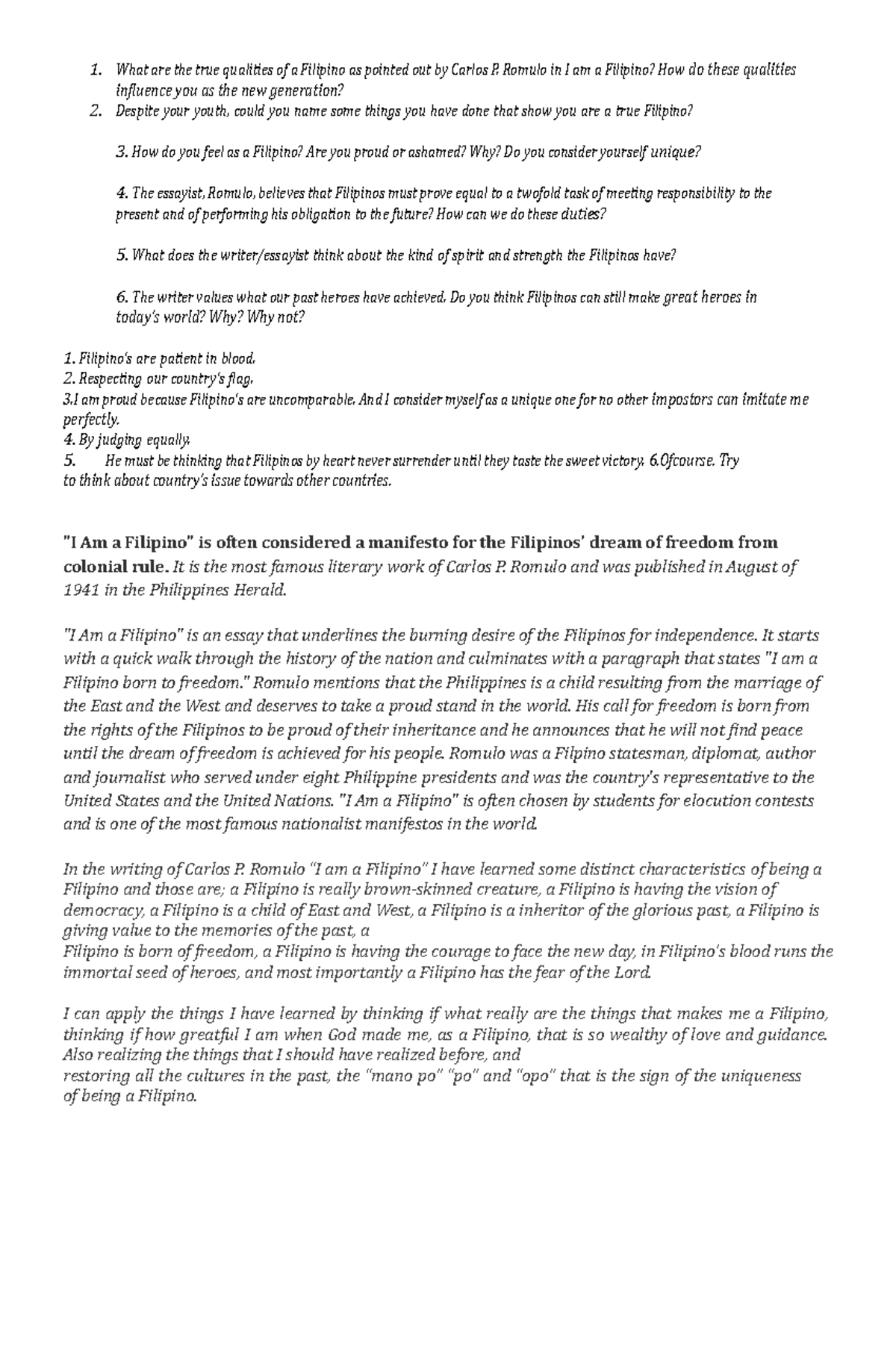 I am a filipino - speech - What are the true qualities of a Filipino as ...