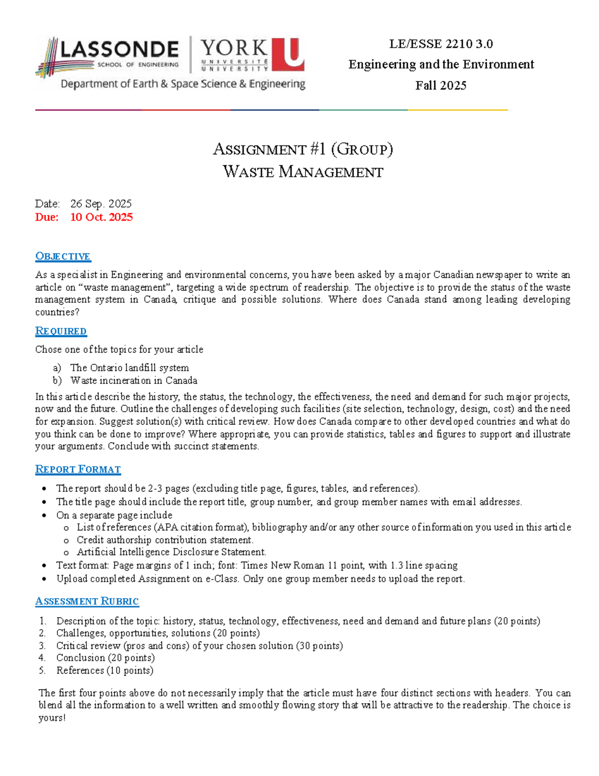 ESSE2210 Assignment #1: Waste Management in Canada 2025 - Studocu