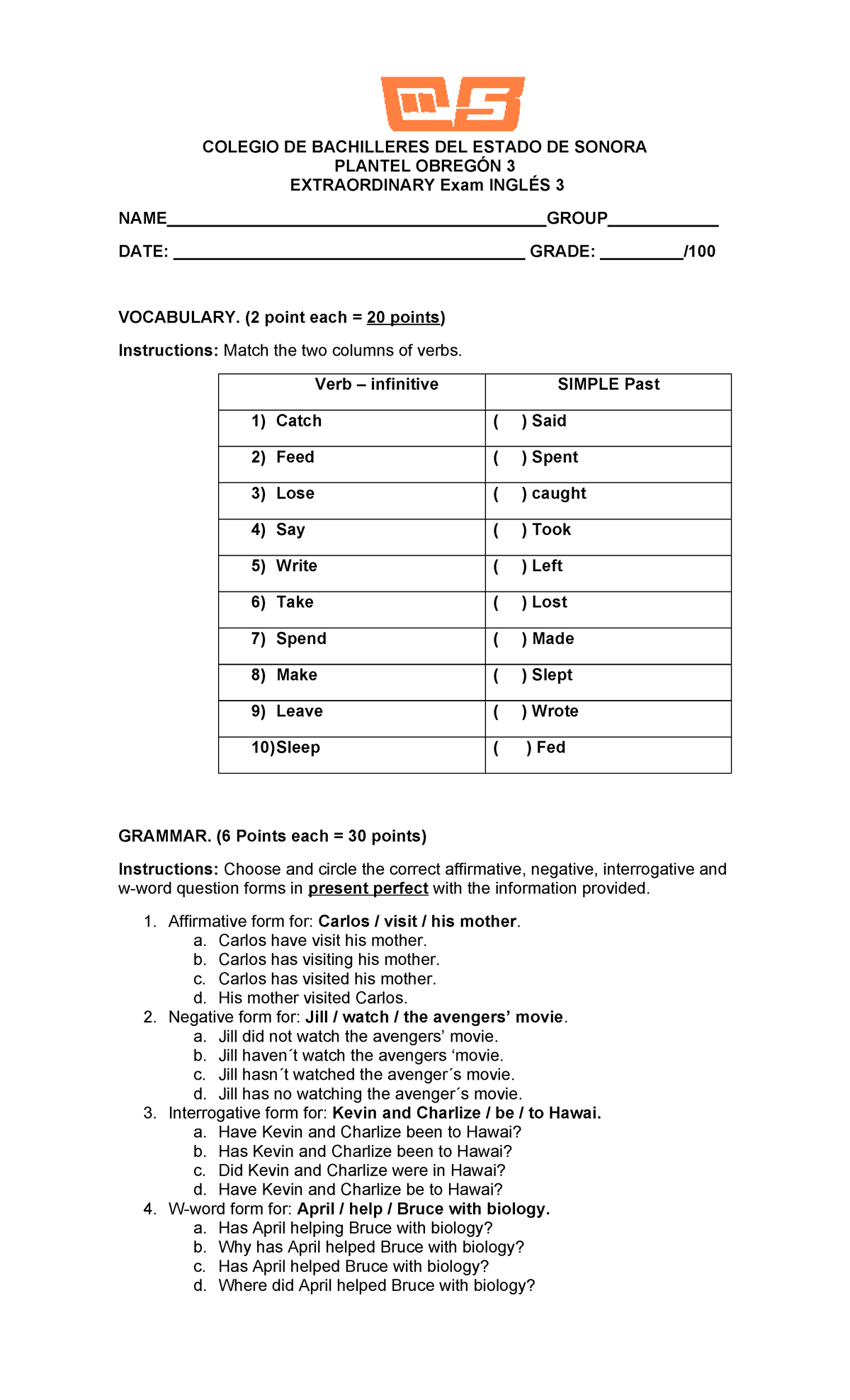 Extraordinary Exam INGLÉS 3: Vocabulary & Grammar Practice - Studocu