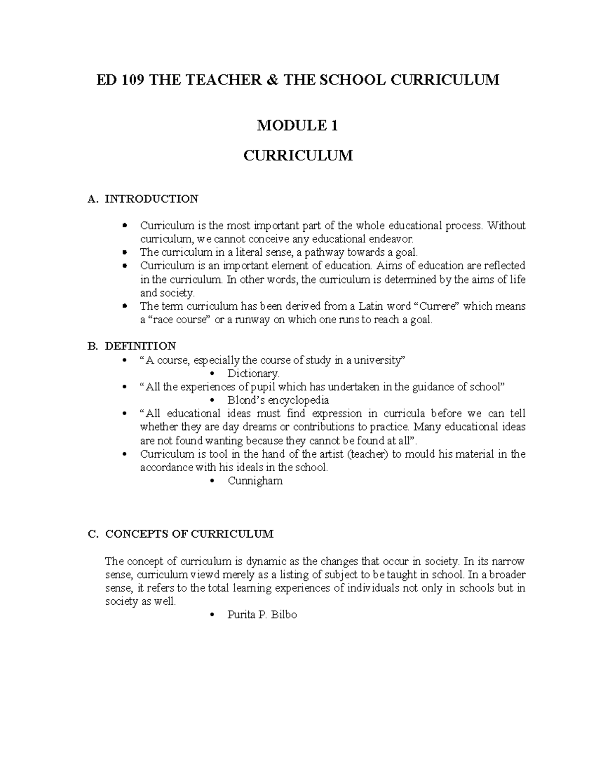 ED 109 Curriculum Development: Modules Overview and Key Concepts - Studocu