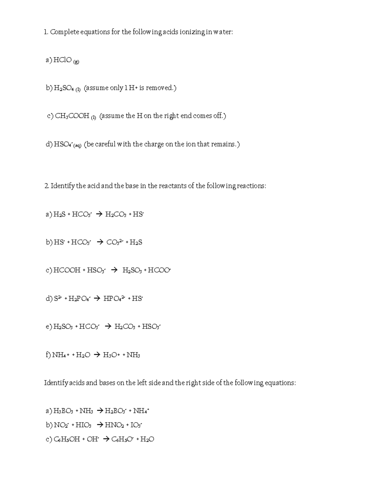 Practice Acid-Base - Complete equations for the following acids ...