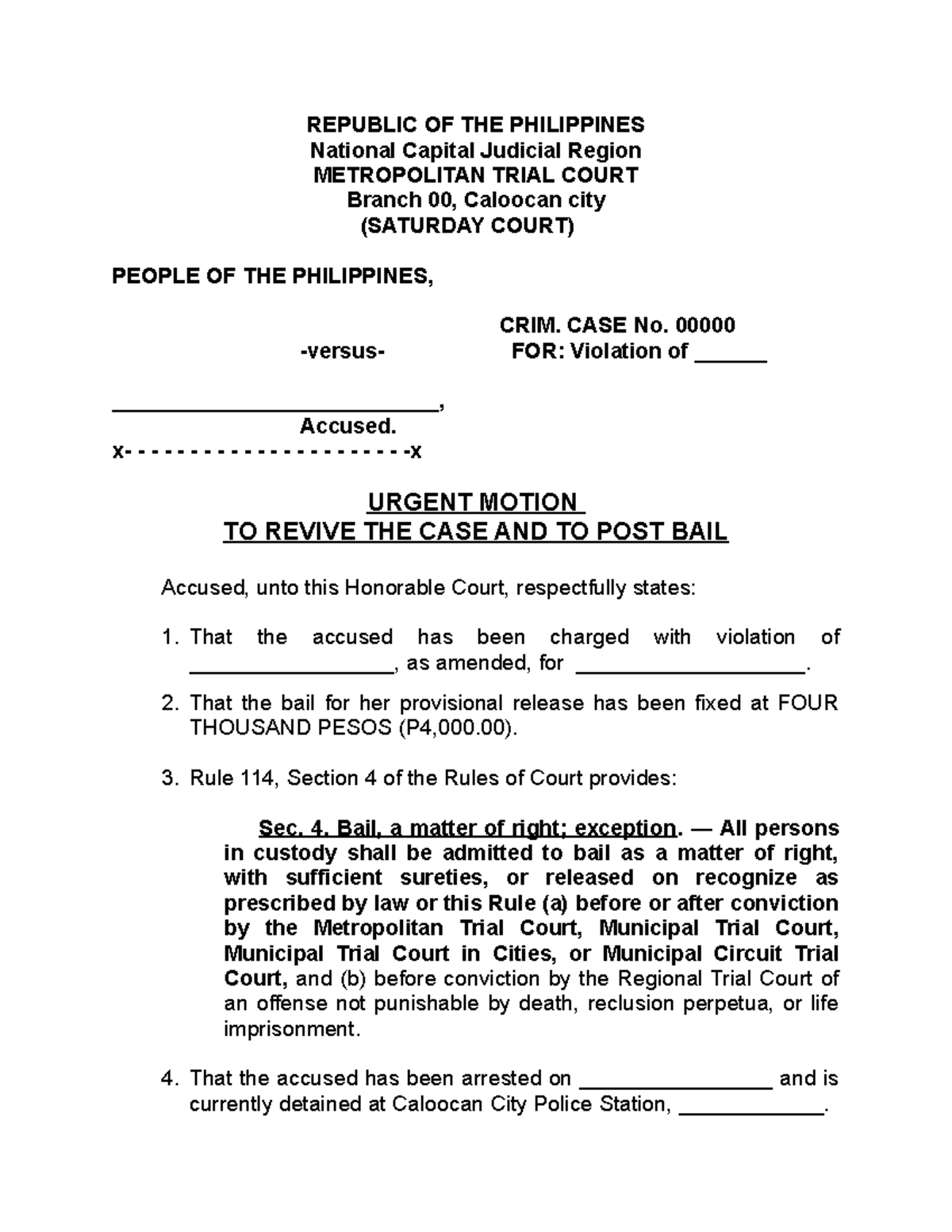 Motion to Post Bail Sample - Urgent Request for CRIM. CASE No. 00000 ...