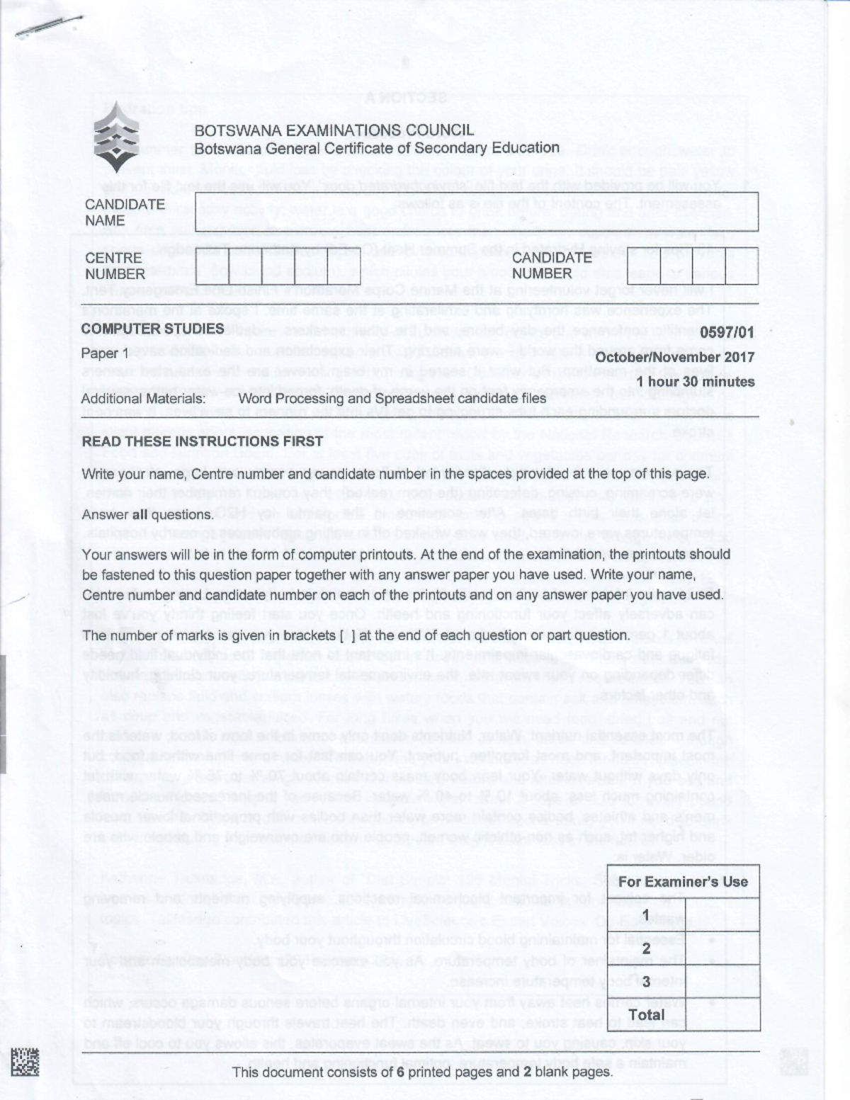 2017 BGCSE CS Paper 1 Exam: Word Processing & Spreadsheet Tasks - Studocu