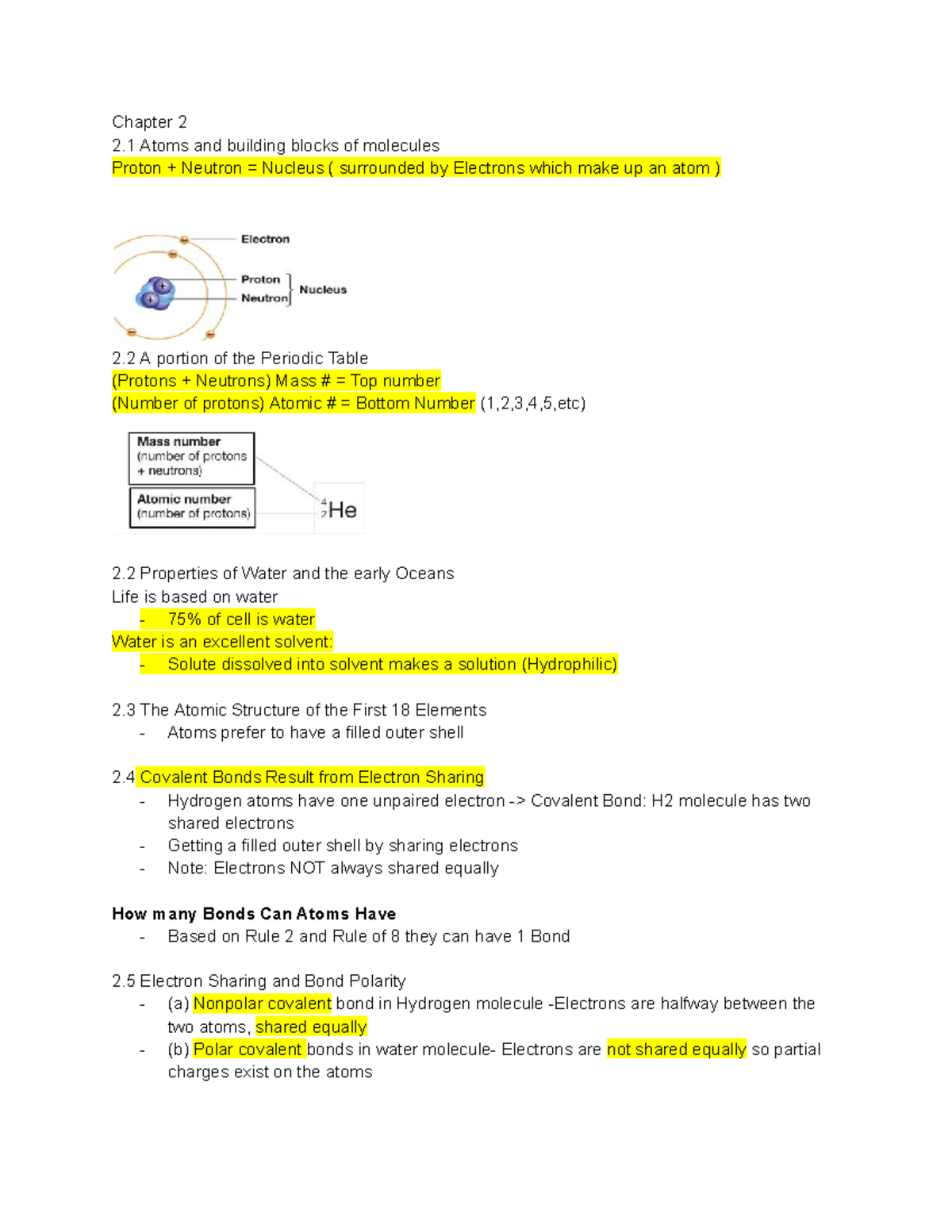 Biology 101: Chapter 2 Notes on Atoms, Bonds, and Water Properties ...