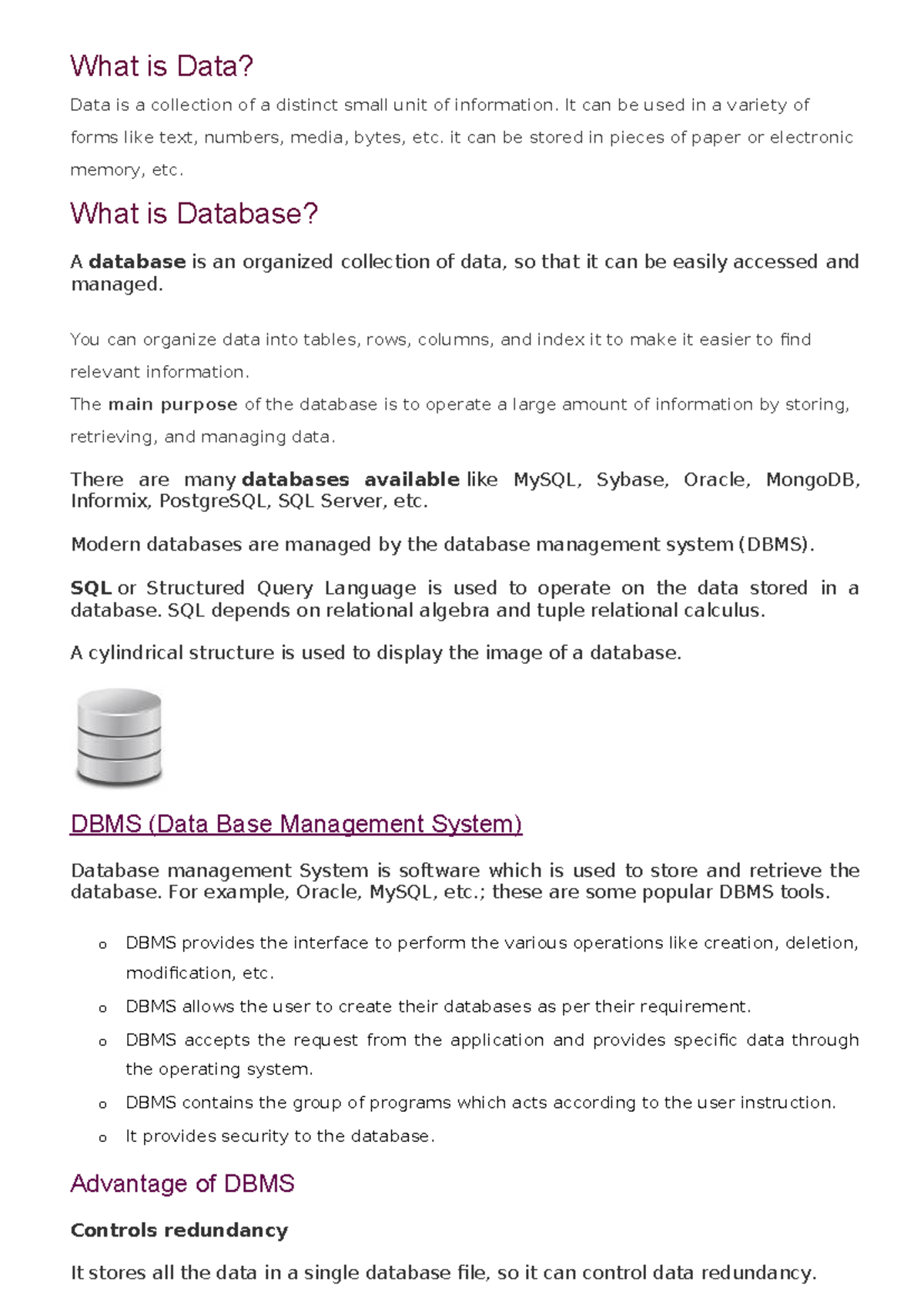 Unit 1 - Unit 1 notes - What is Data? Data is a collection of a ...