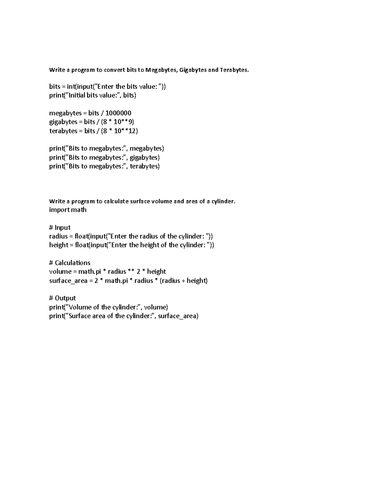 Python codes - asrfa - Write a program to convert bits to Megabytes ...