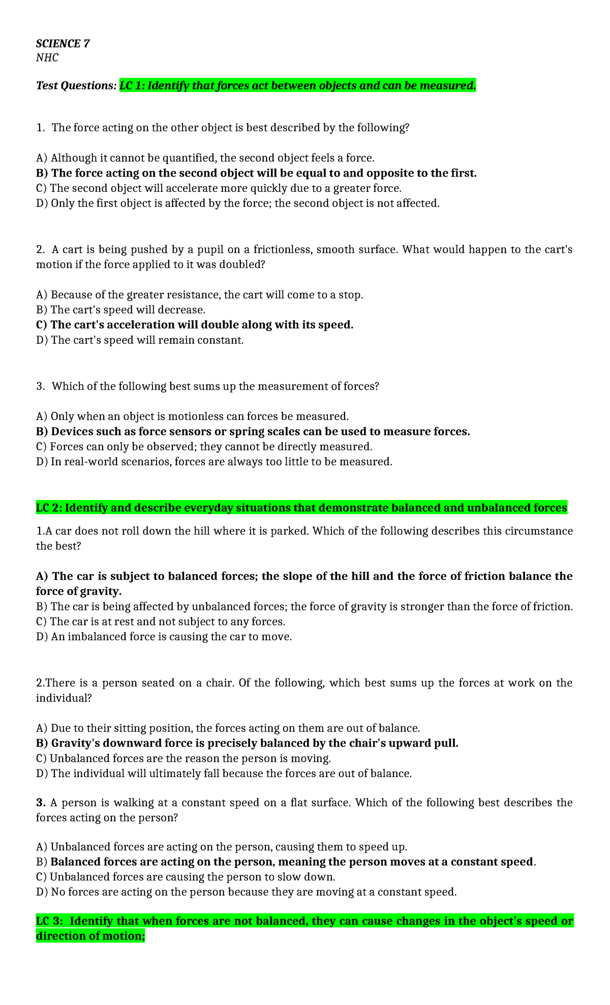 Science 7 Final Exam Review: Test Questions on Forces and Motion - Studocu