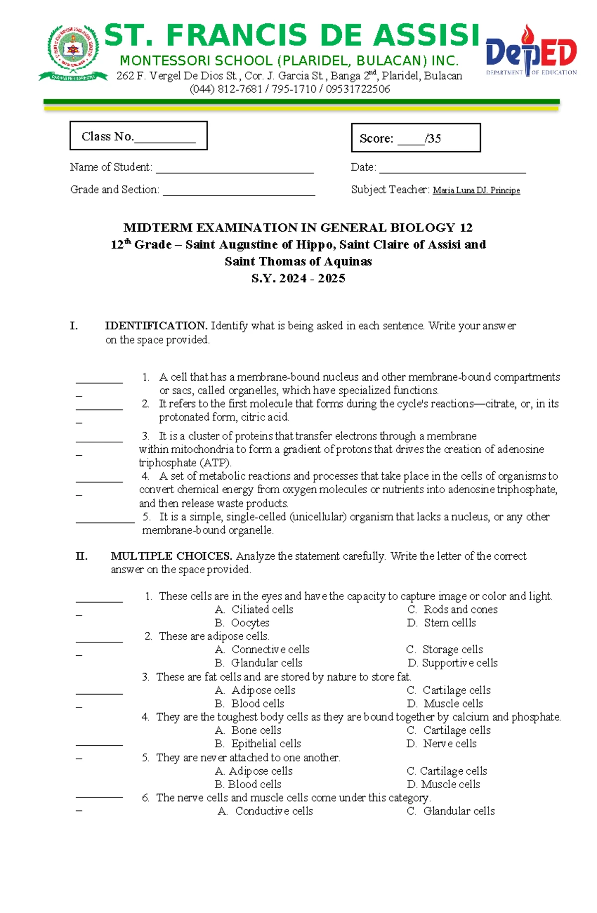 Quiz 1 Assessment Rubric for Identification 1: Performance Levels - Studocu