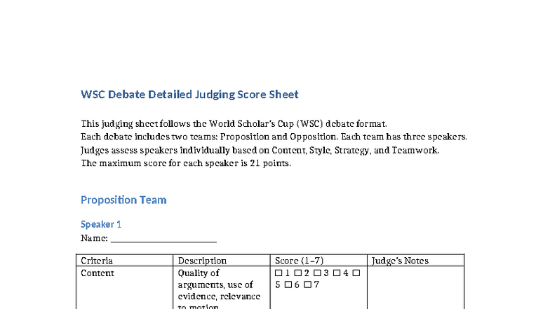 WSC Debate Judging Score Sheet: Detailed Assessment Guide - Studocu