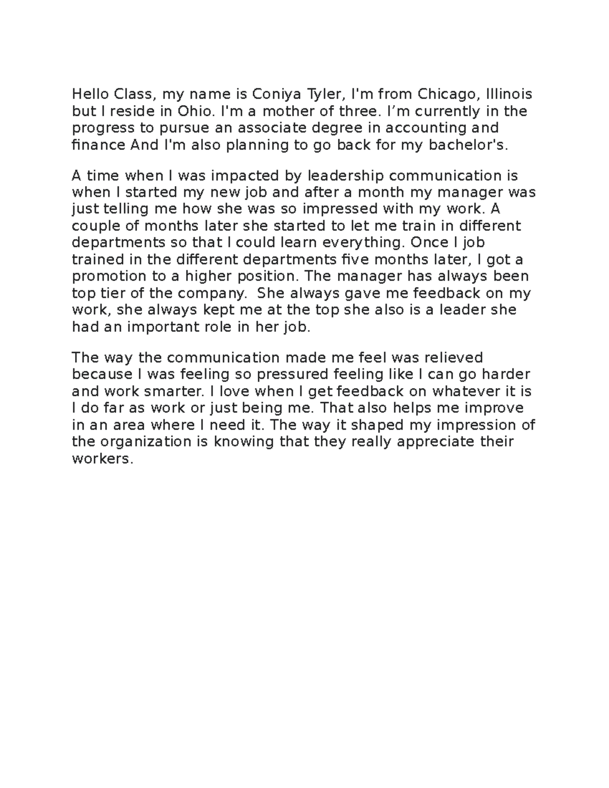 Hello Class - discussion post - Hello Class, my name is Coniya Tyler, I ...