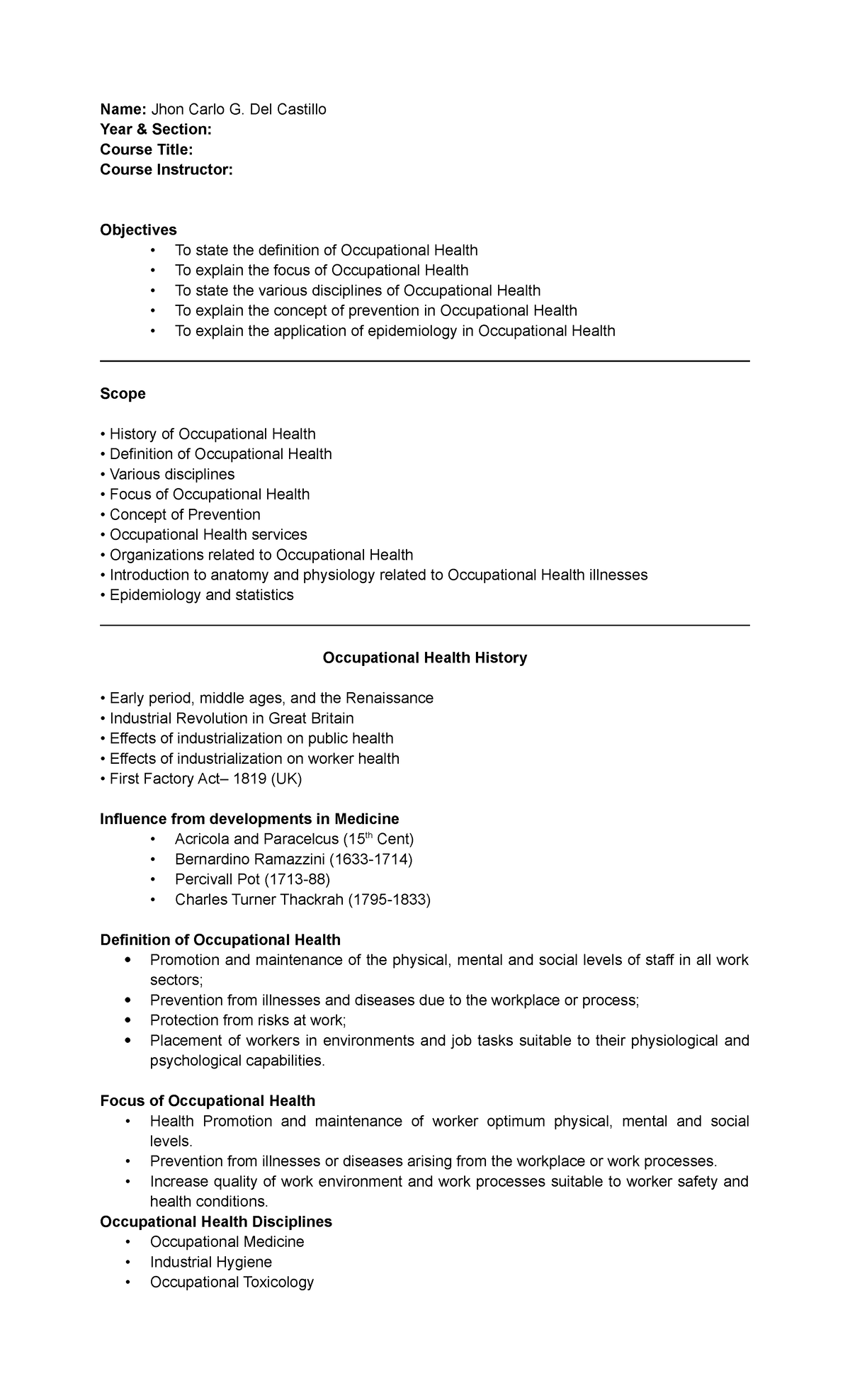 Occupational Health Overview: Definitions, Disciplines & Services - Studocu