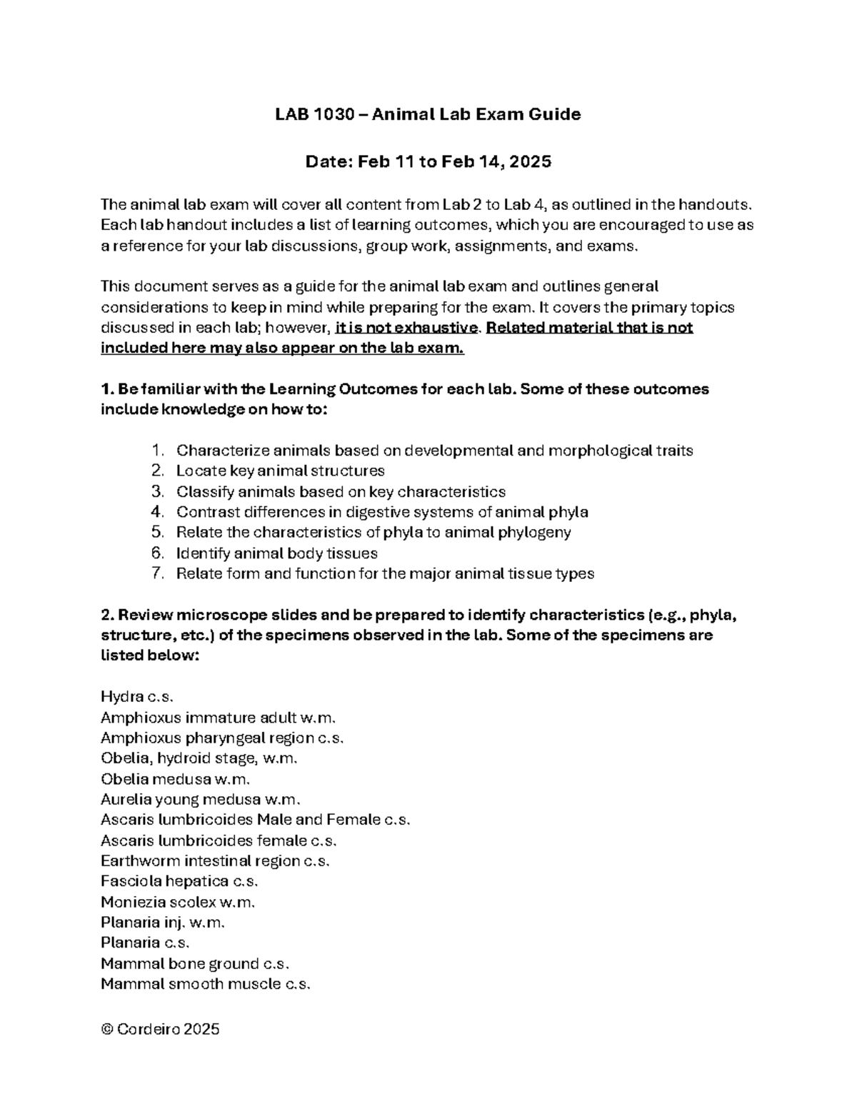 BIOL 1030 - Comprehensive Animal Lab Exam Study Guide - Studocu