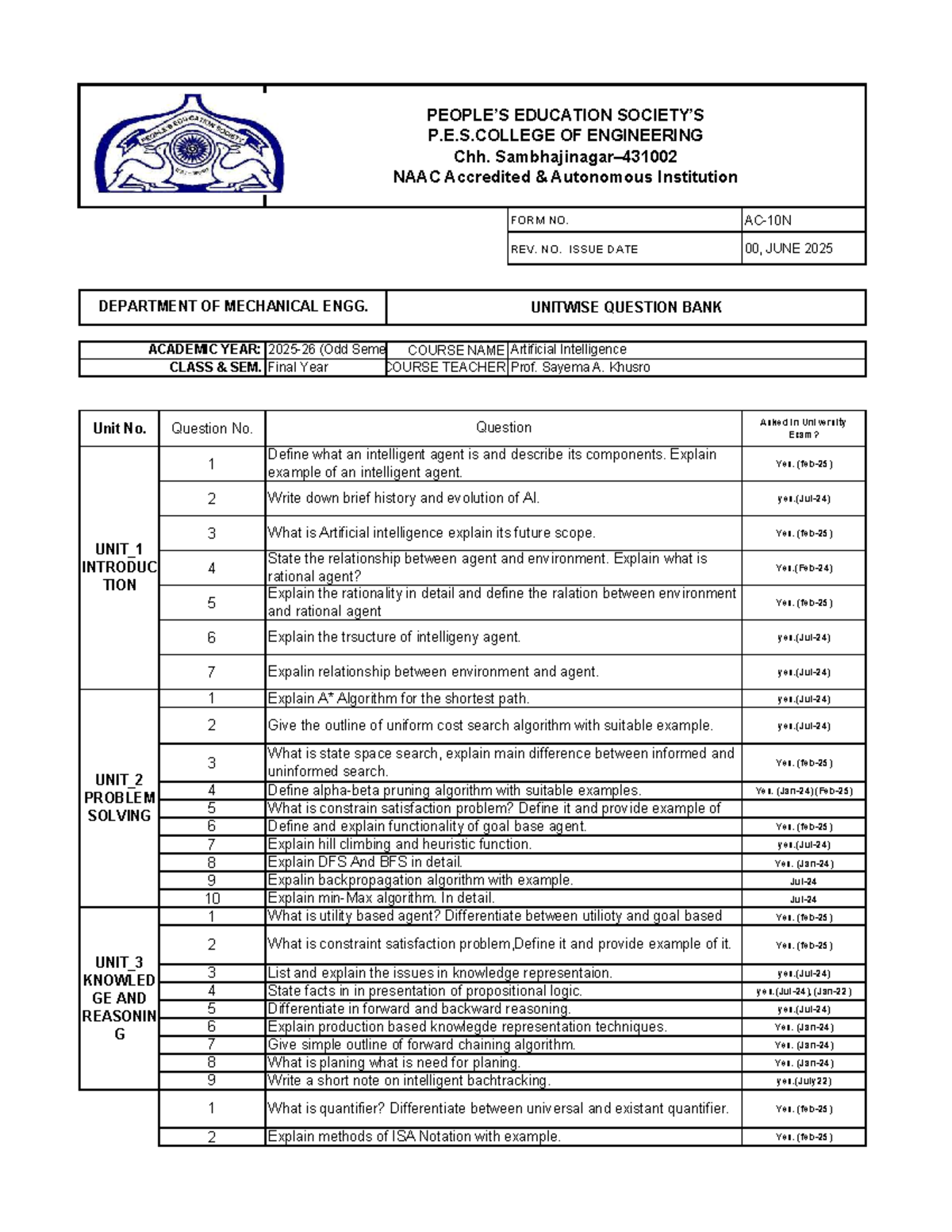 AI QB - Unitwise Question Bank for Final Year (Sem Odd) - Studocu