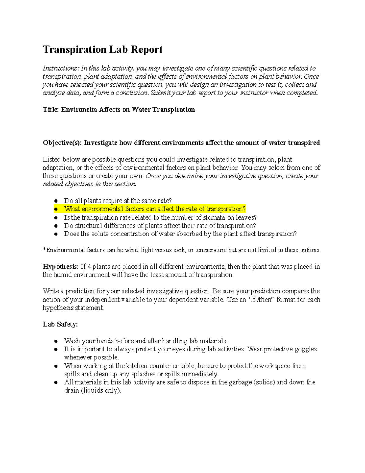 Transpiration Lab Report: Investigating Environmental Effects on Plants ...