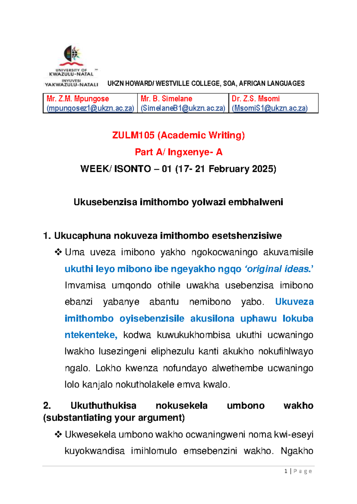 ZULM105 - Academic Writing Lecture Notes: Ukusebenzisa Imithombo ...