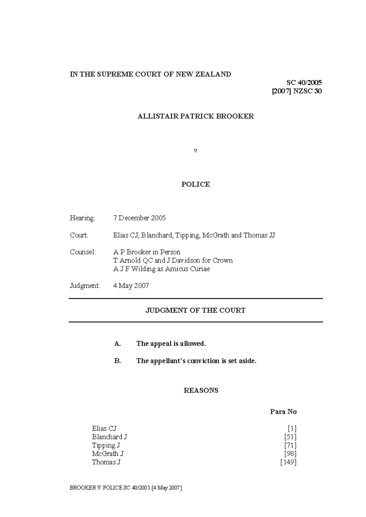 Brooker v Police SC NZSC 30: Judgment on Disorderly Behaviour Appeal ...