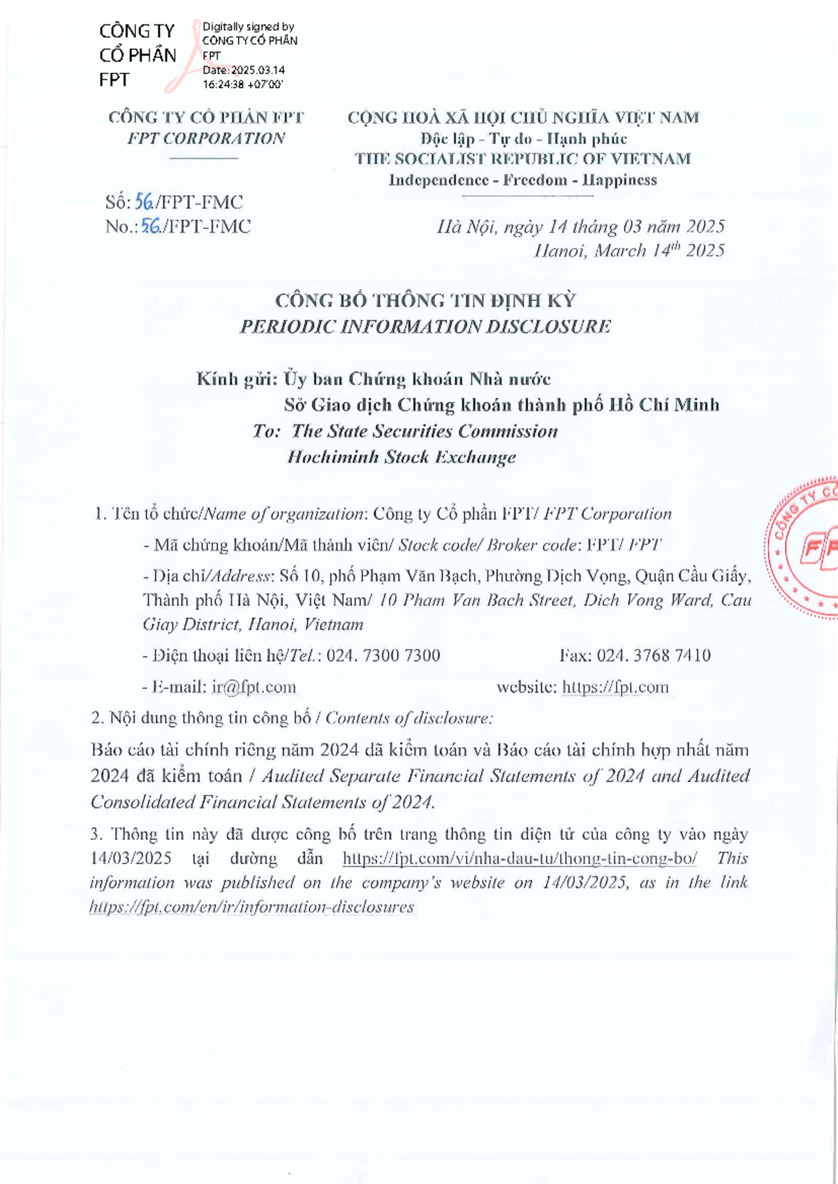 FPT BCTC 2024 Report - BCTC FPT 2024 - Tcdn Ueh - Studocu