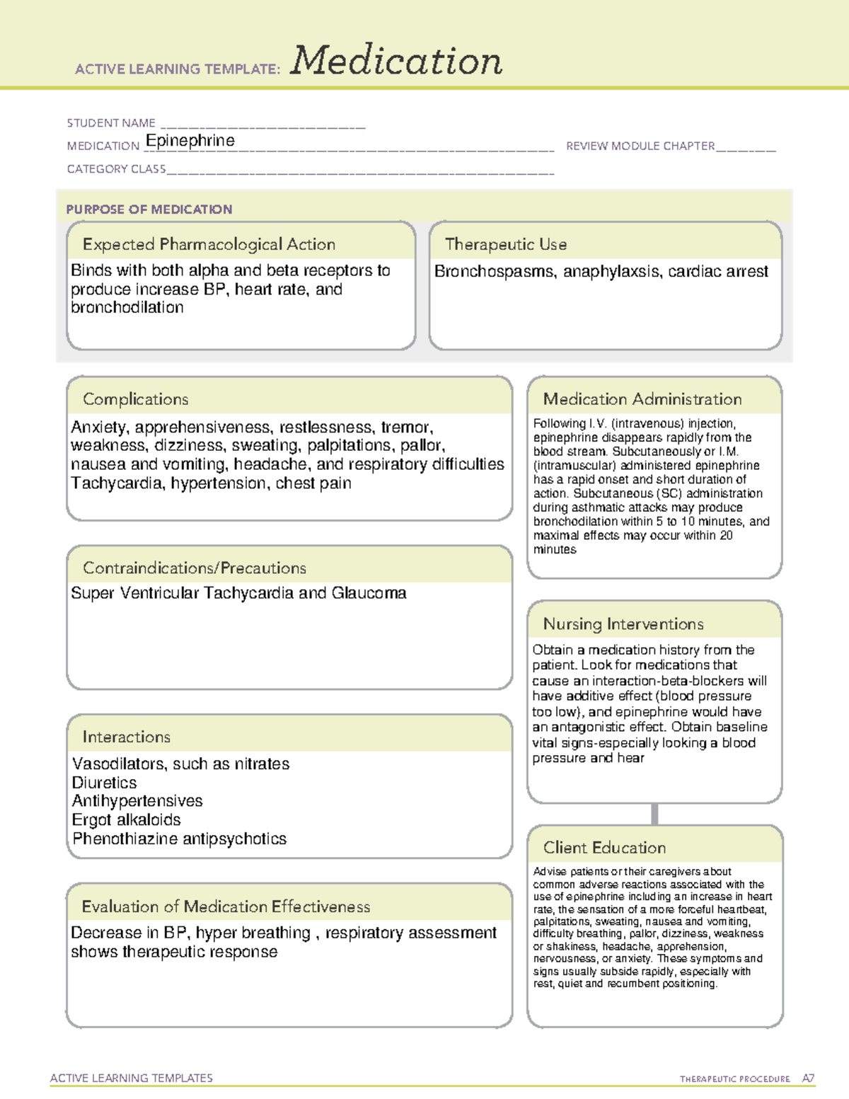 Active Learning Template: Epinephrine Medication Review (Therapeutic ...