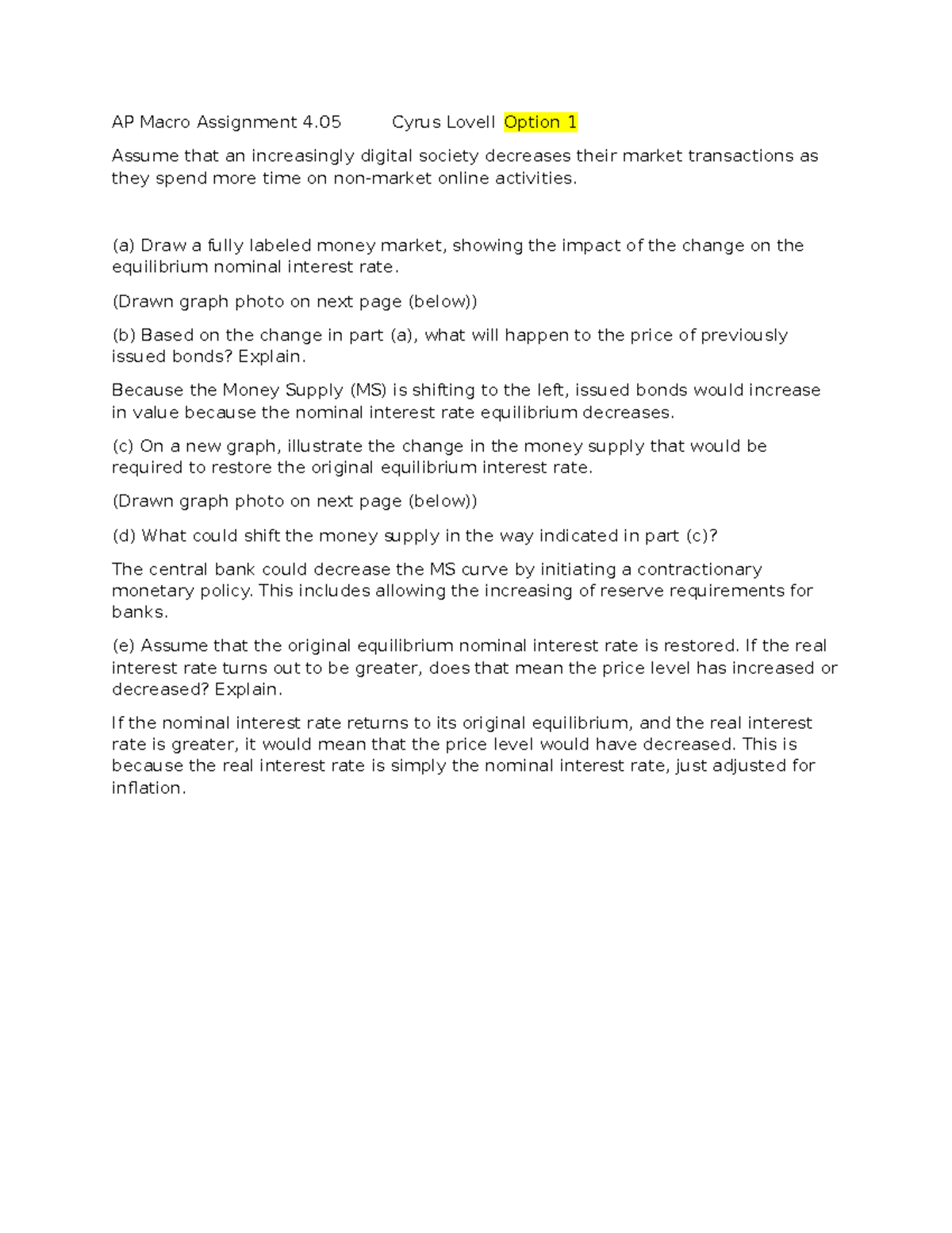 AP Macro Assignment 4.05: Money Market Analysis and Interest Rates ...