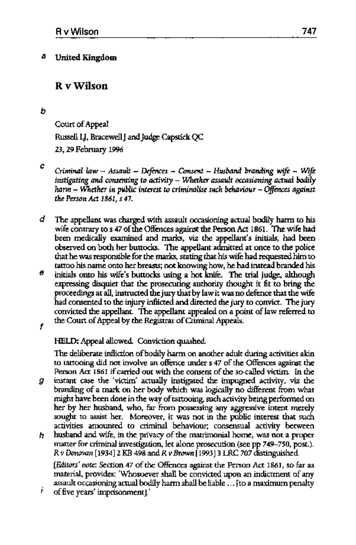 R V Wilson [1996] - Court of Appeal Decision on Consent in Assault ...
