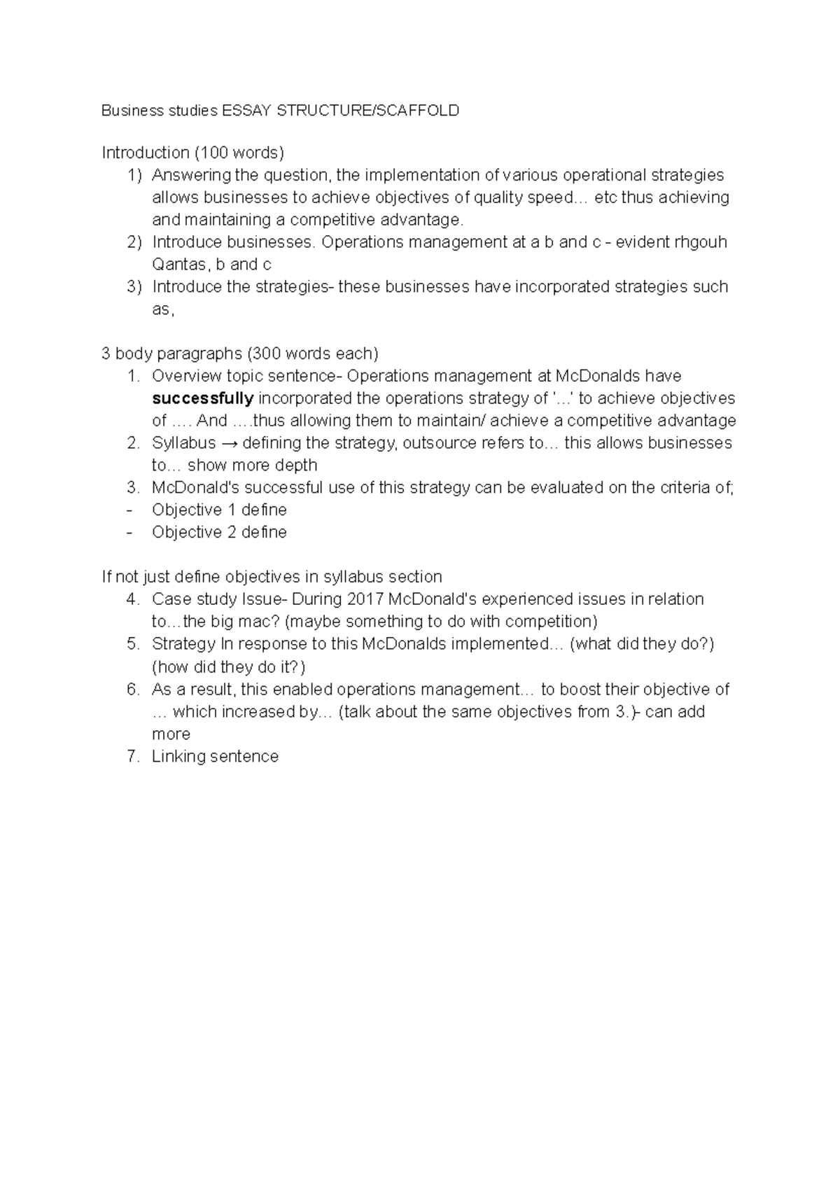 Business Studies Essay Structure Scaffold (BS101) - Studocu