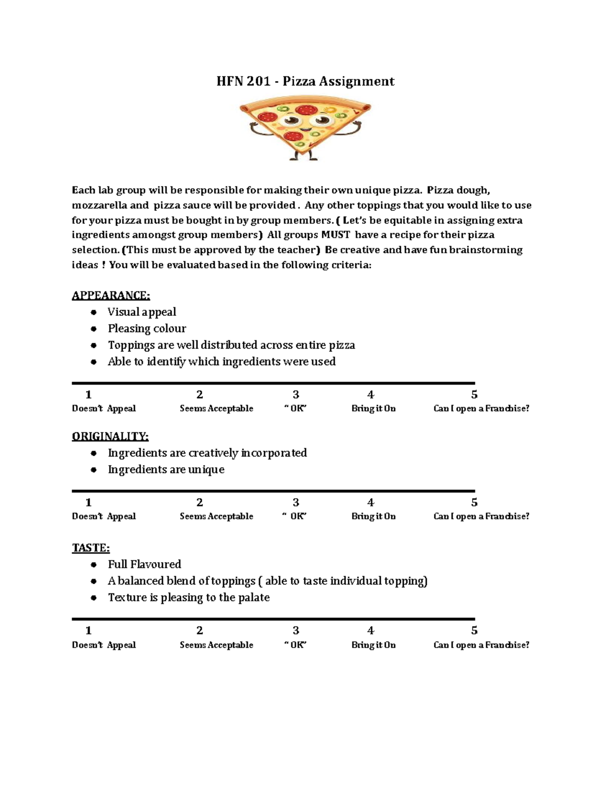 HFN201- Pizza Assignment - HFN 201 - Pizza Assignment Each lab group ...